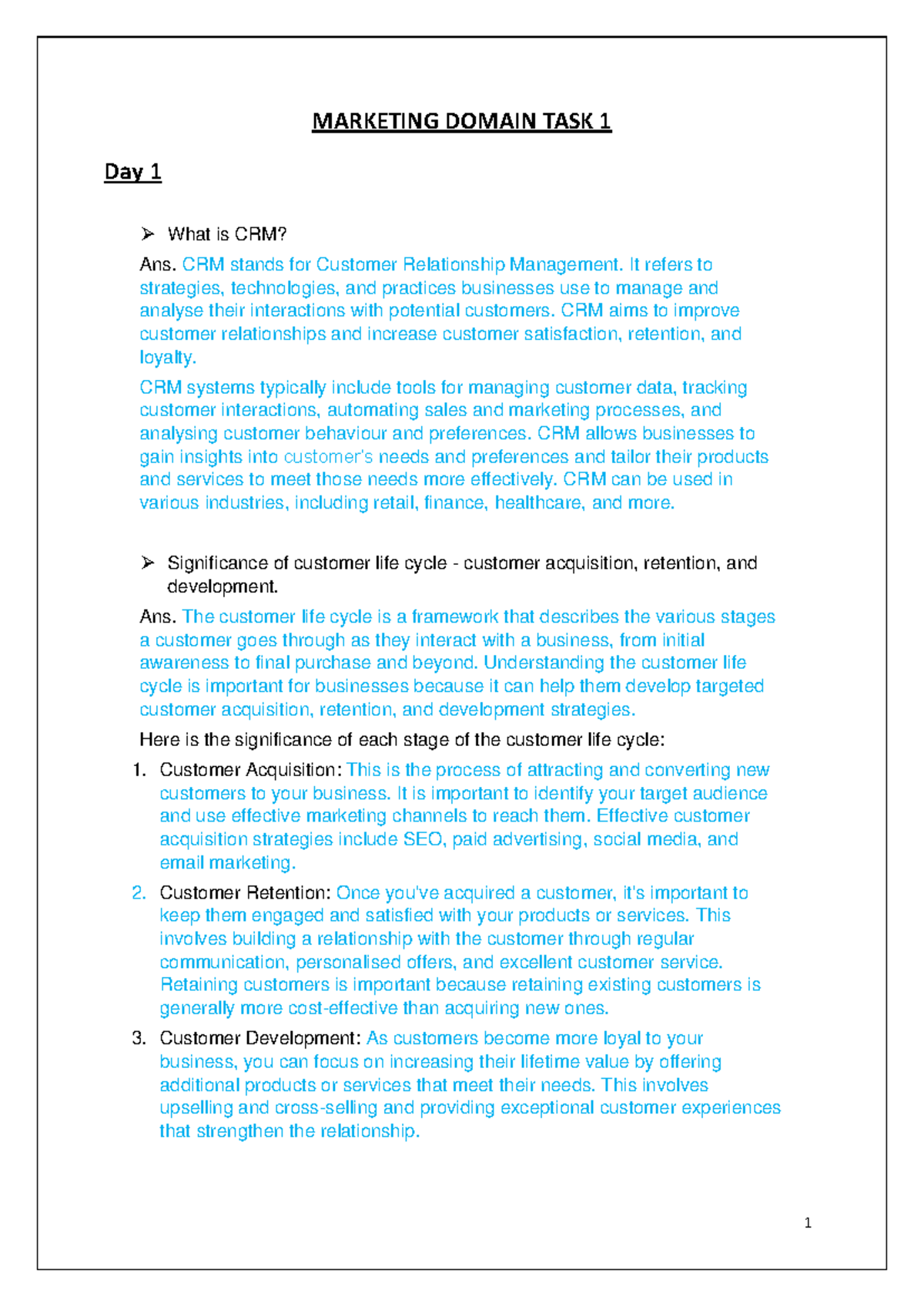 Marketing Domain Task - MARKETING DOMAIN TASK 1 Day 1 What is CRM? Ans ...