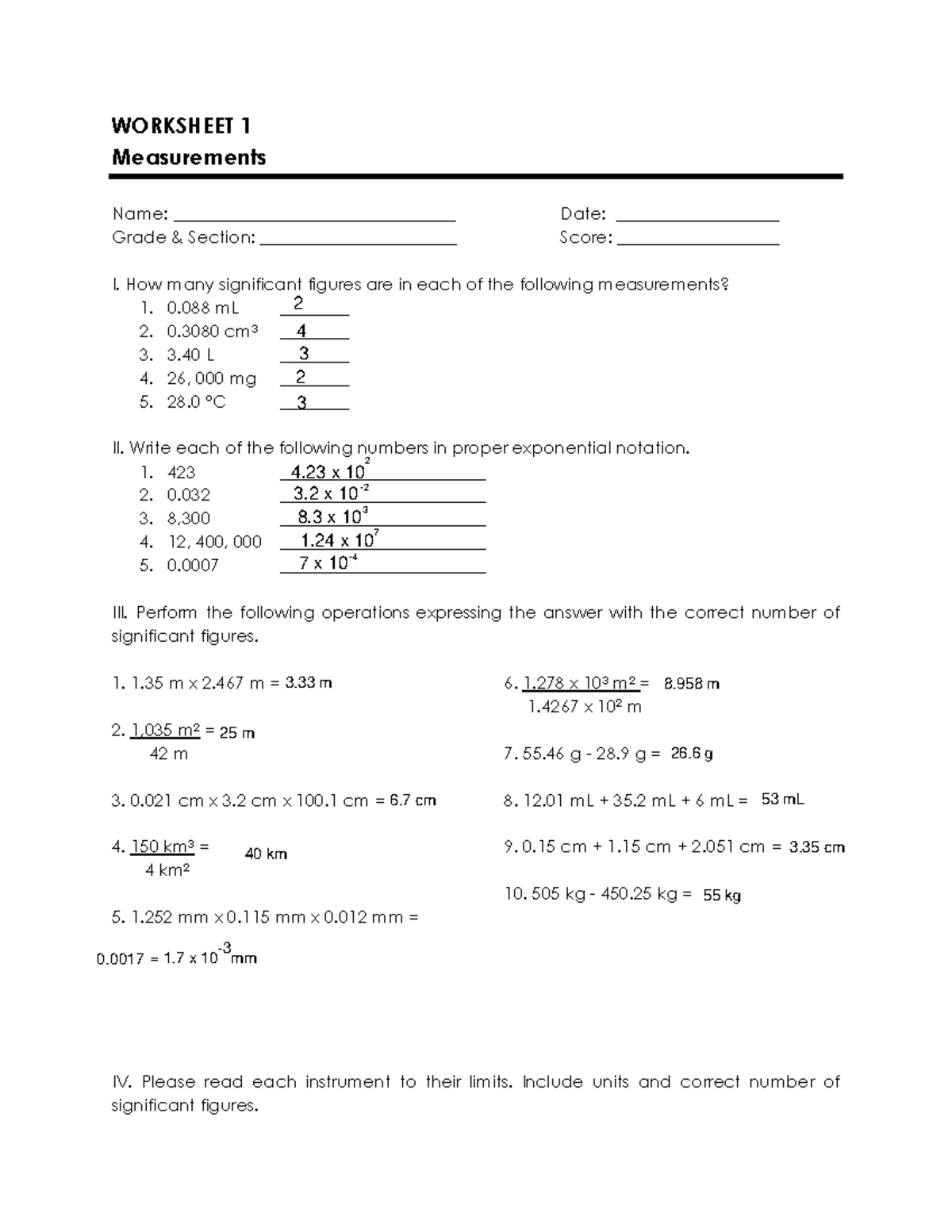 [WW1] Measurements-1 - chemistry - WORKSHEET 1 Measurements Name