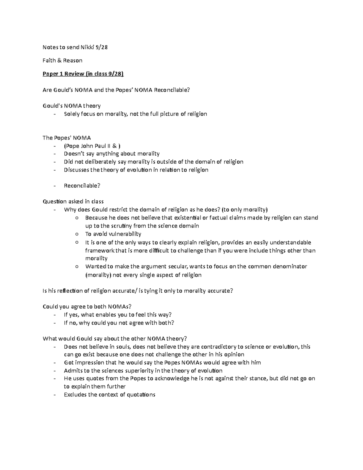 Faith and Reason NOTes - Notes to send Nikki 9/ Faith & Reason Paper 1 ...
