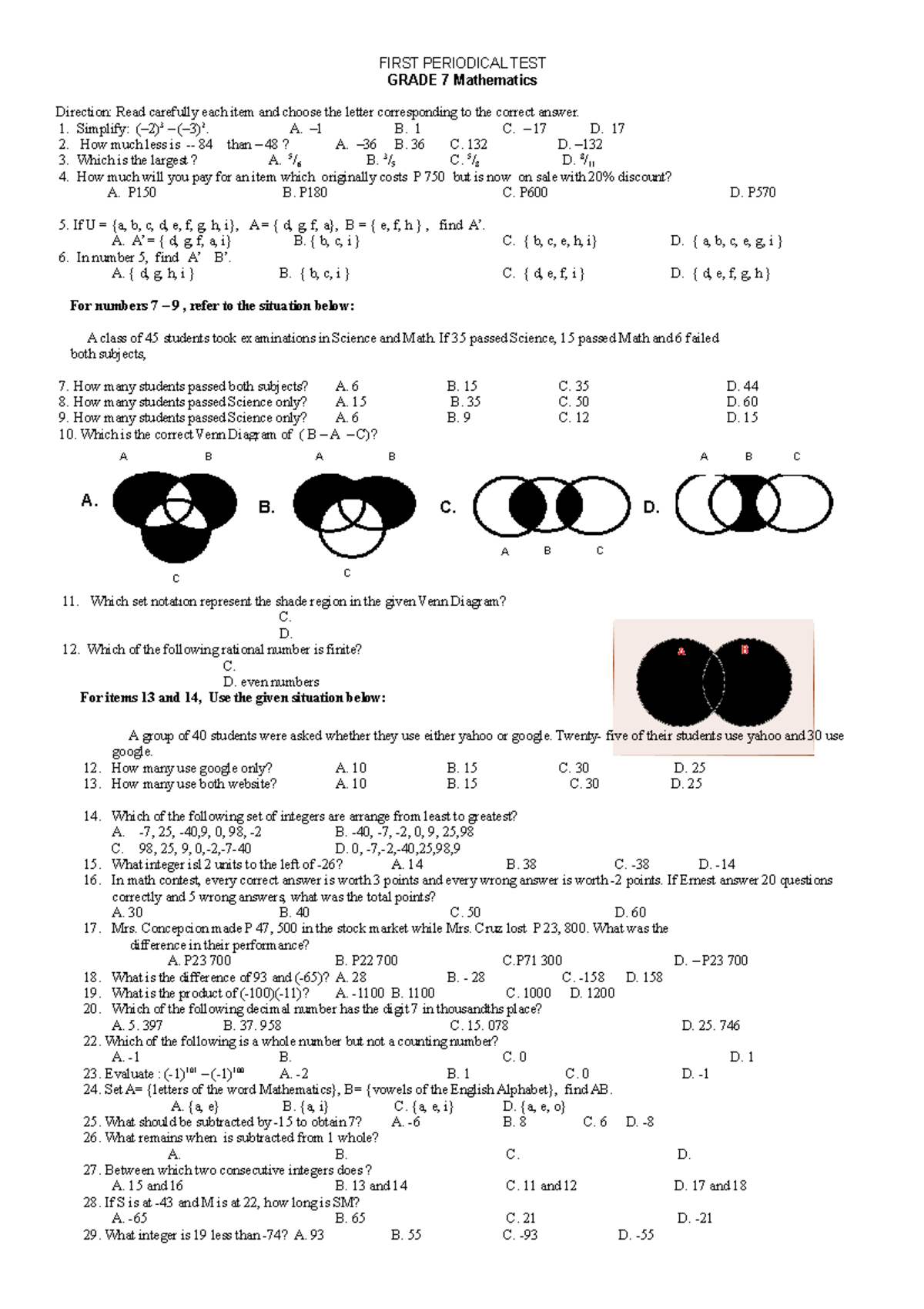 PT Mathematics 7 Q1 - Math exam - FIRST PERIODICAL TEST GRADE 7 ...
