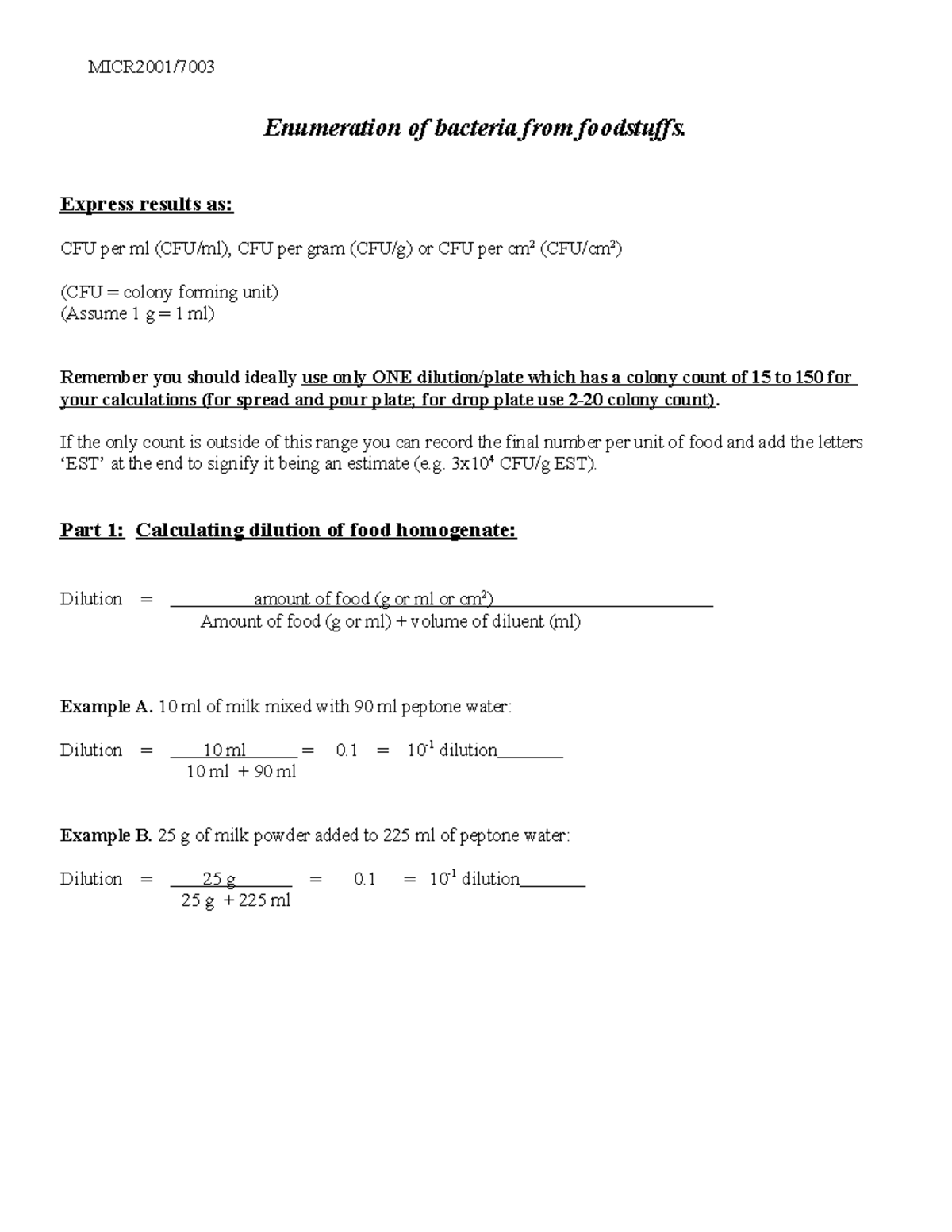 Tutorial 1 - enumeration of bacteria from food stuffs 1 - Enumeration ...