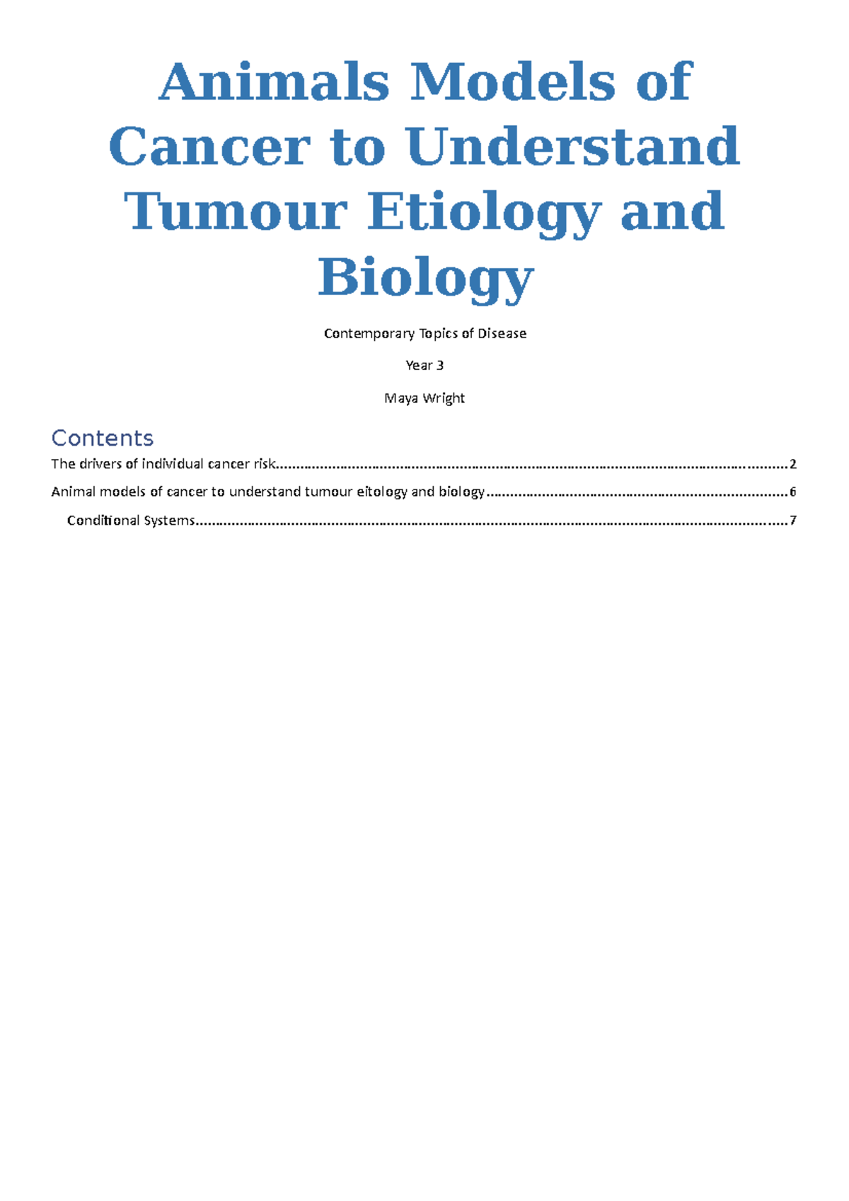 Animals Models of Cancer to Understand Tumour Etiology and Biology ...