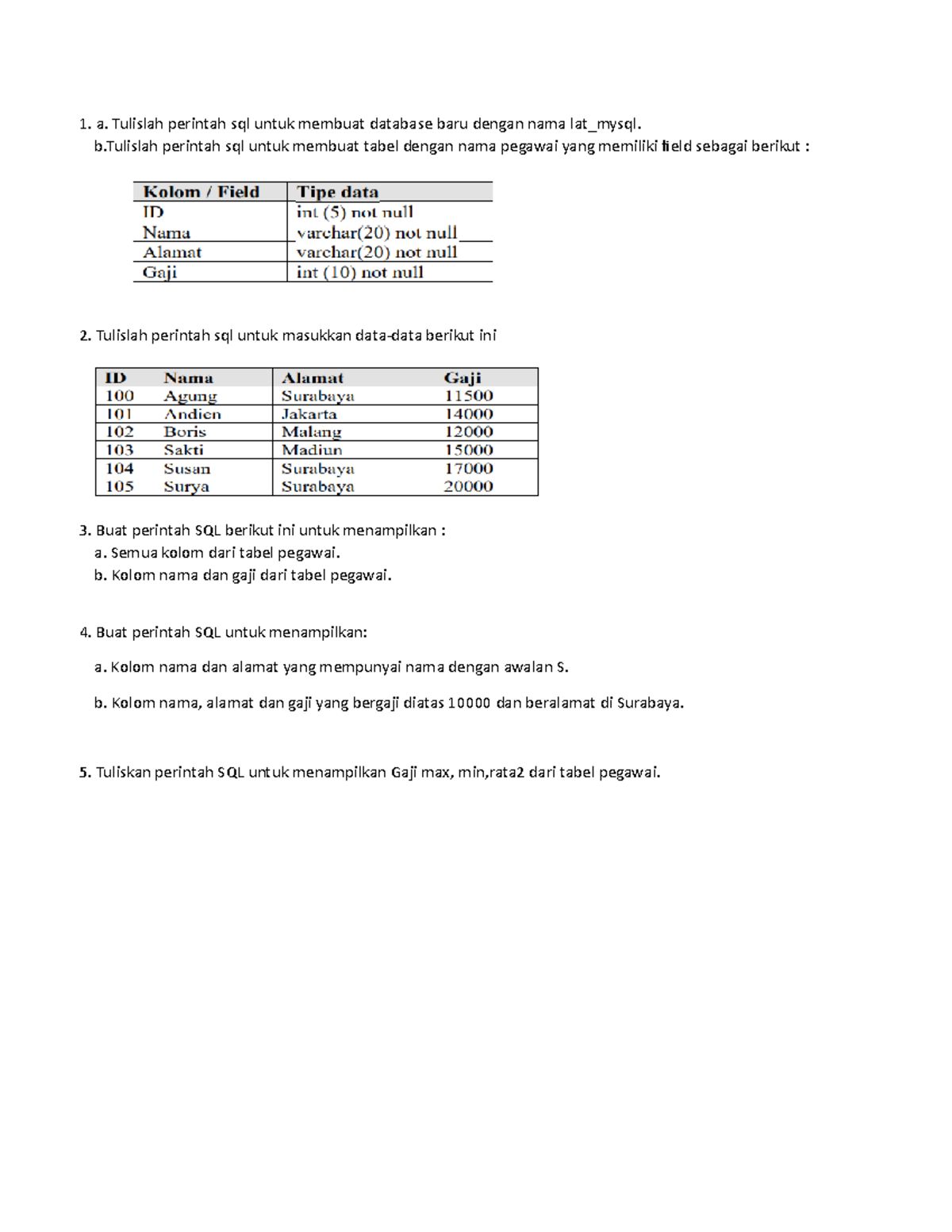 SOAL Basdat ( Teknik Informatika) - a. Tulislah perintah sql untuk membuat database baru dengan ...
