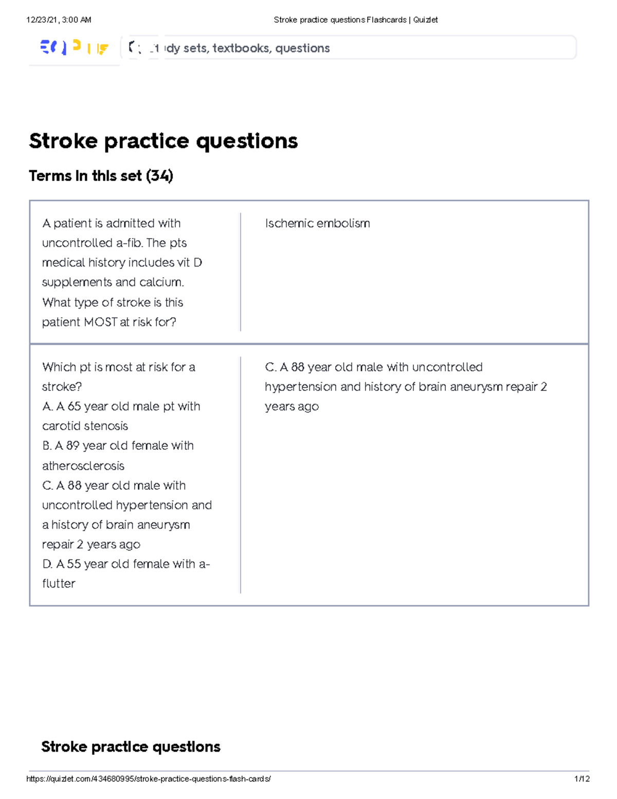 Stroke practice questions Flashcards - PNUR205 - Centennial College ...