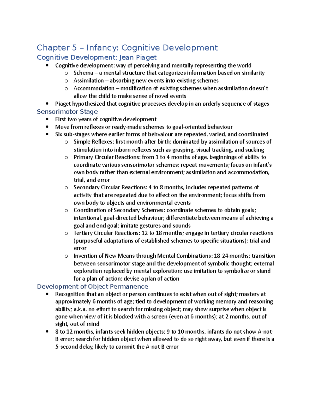 PSYC210 - Test 2 Notes - Chapter 5 – Infancy: Cognitive Development ...