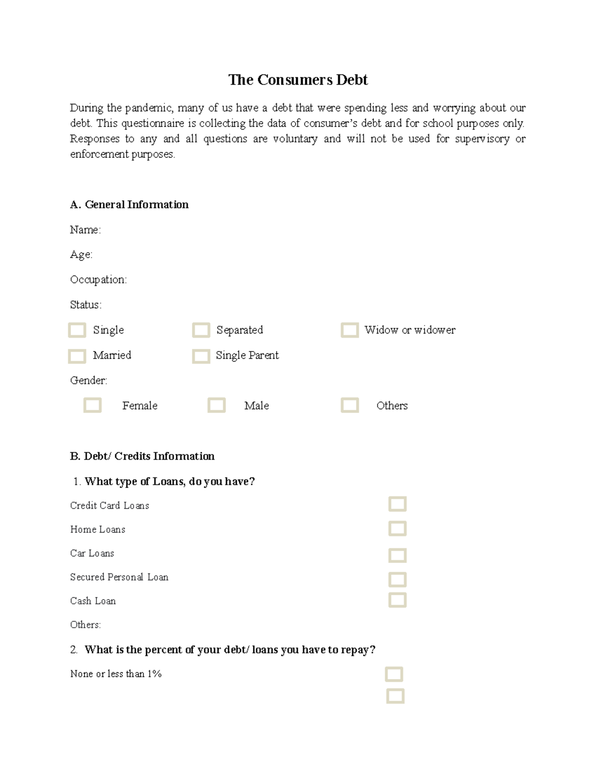 The Consumers Debt questionnaire - Bachelor of Science in Business ...