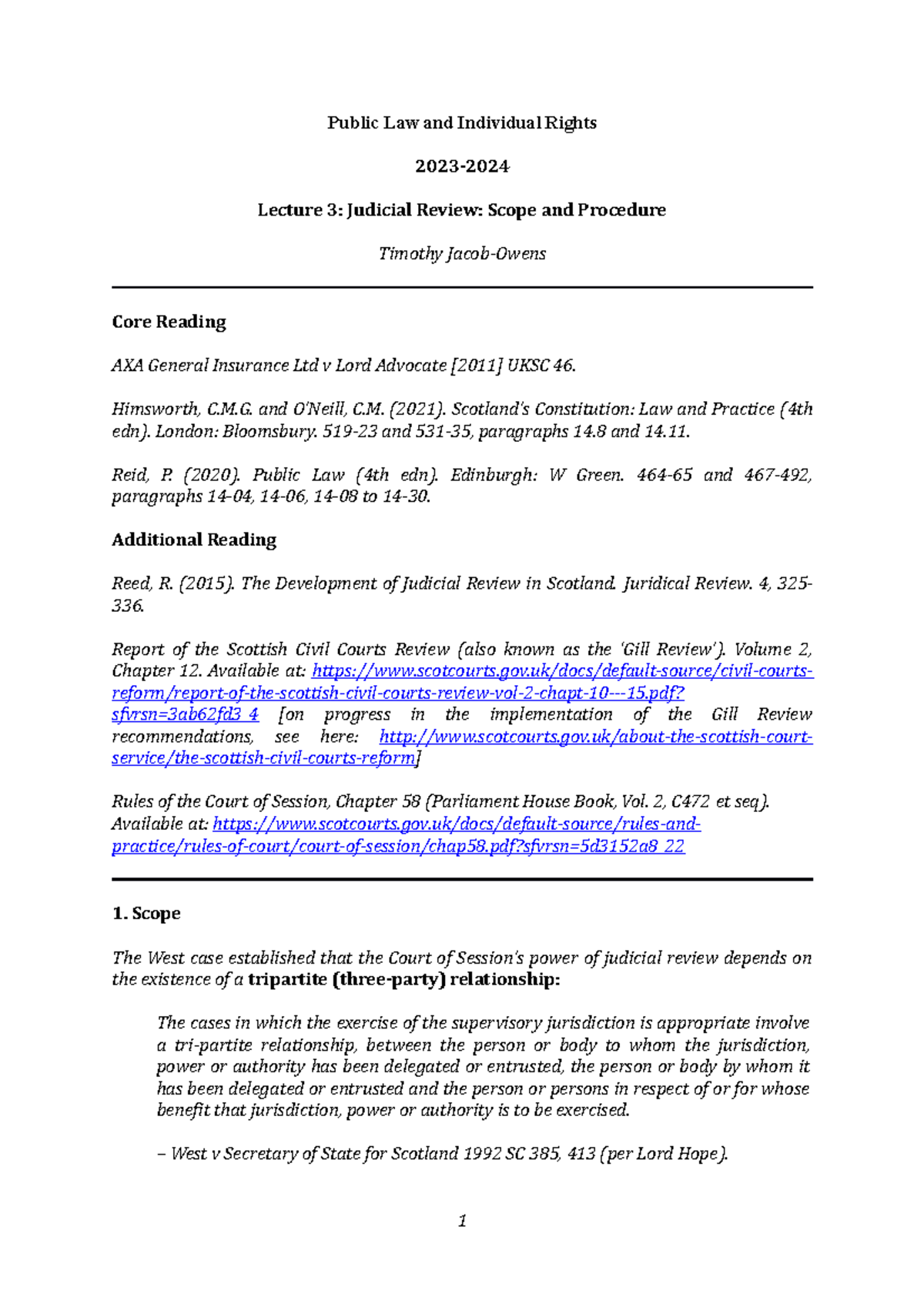 Lecture 3 handout 23-24 - Public Law and Individual Rights 2023- Lecture 3: Judicial Review ...