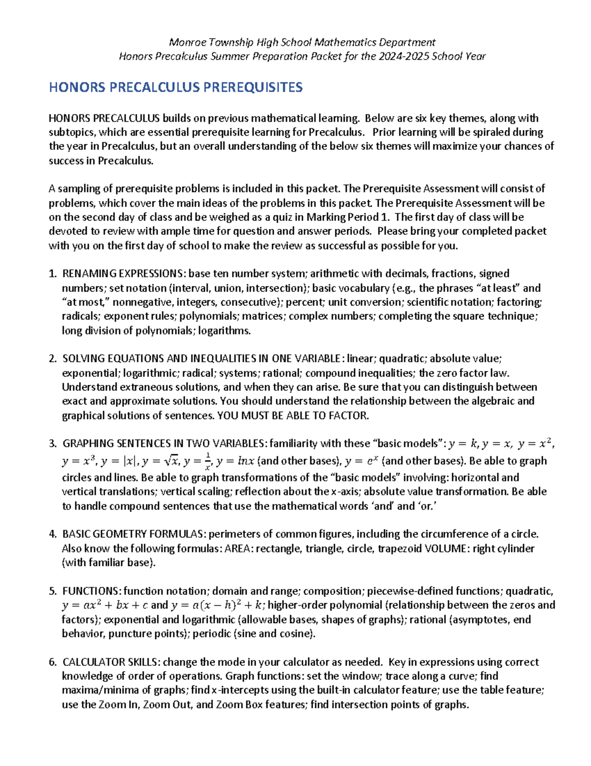 Honors Precalculus Summer Preparation Packet 2024-2025 - Monroe ...