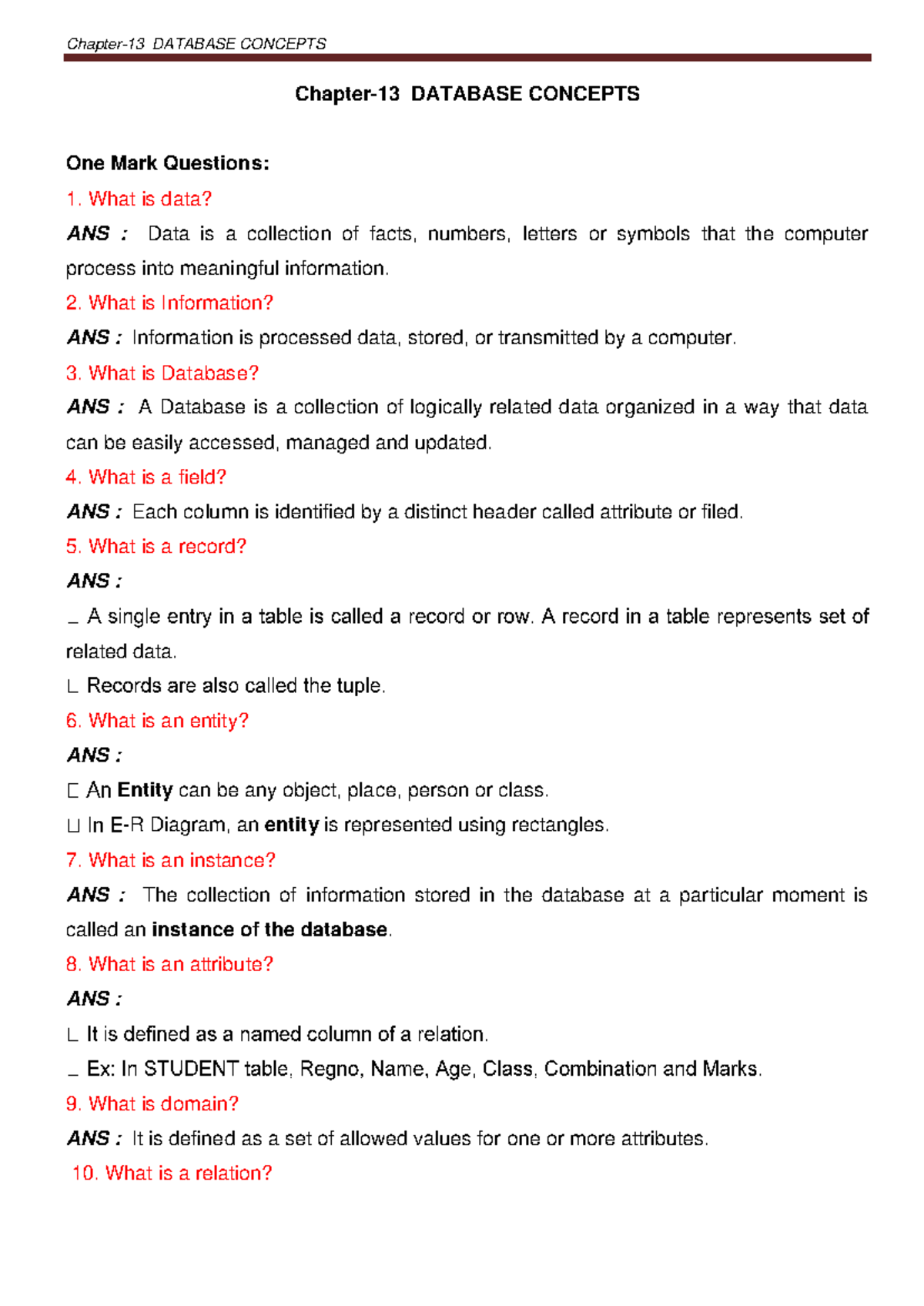 Chapter 13 Database Management System O - Chapter-13 DATABASE CONCEPTS ...