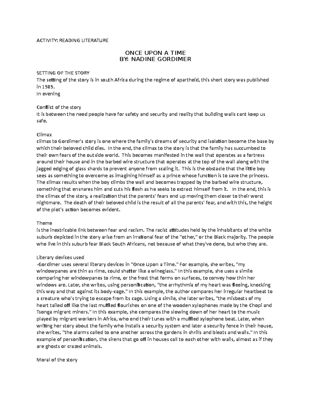 Reading Literature Story Analysis ( Nadine Gordimer) - ACTIVITY ...