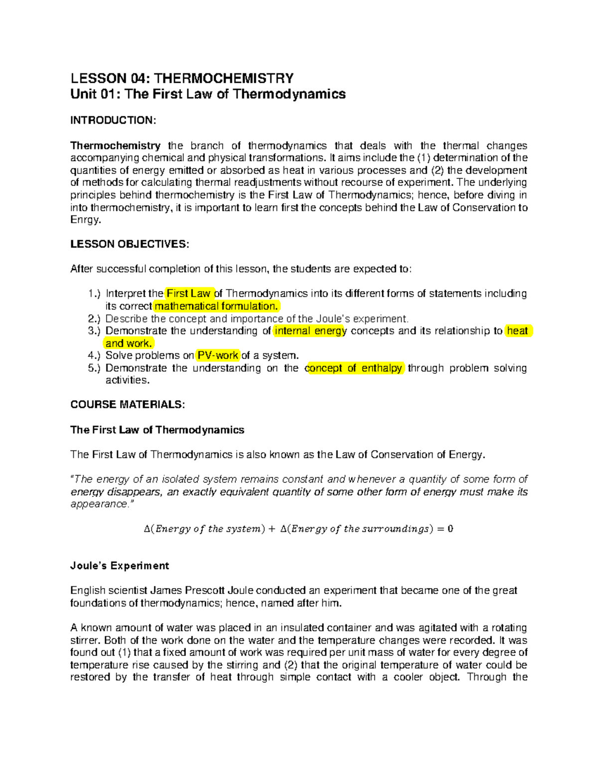 L4 w5 01 Thermo Concepts First Law - LESSON 04: THERMOCHEMISTRY Unit 01 ...
