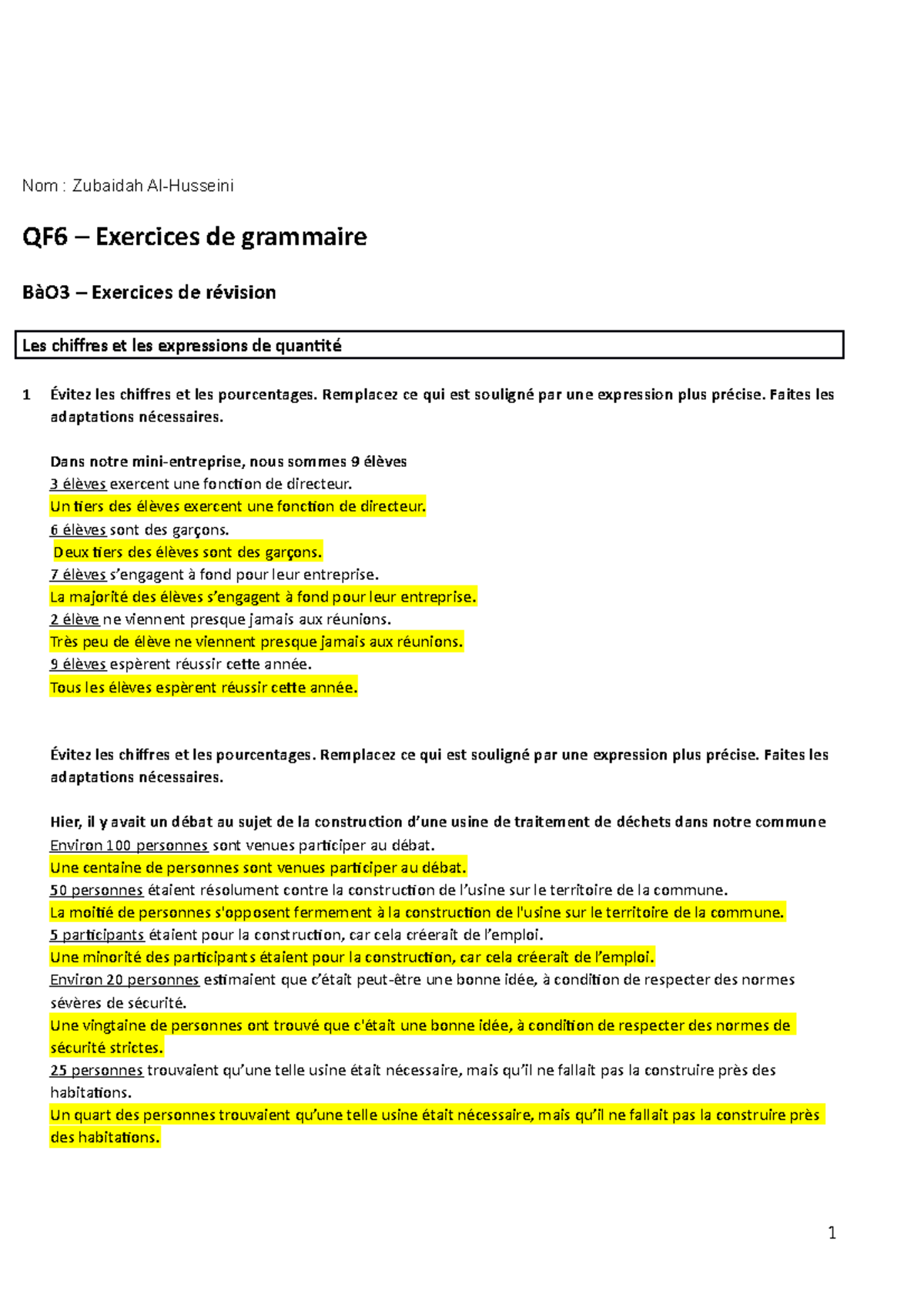 Devoir - Les chiffres et les expressions de quantité - Nom : Zubaidah ...