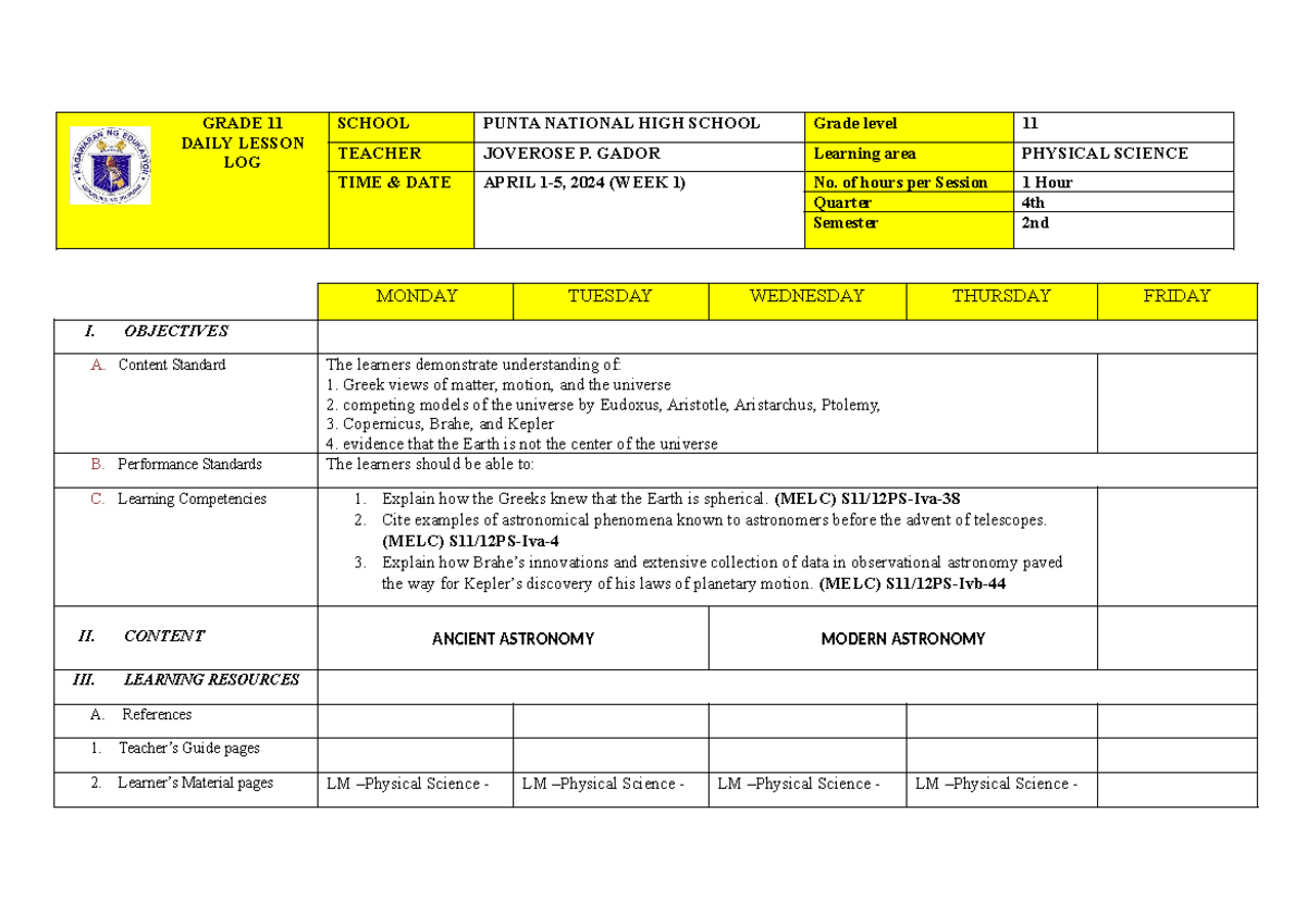 DLL Physcie 11- Quarter 4- WEEK 1 (2ND SEM)DLL - GRADE 11 DAILY LESSON ...
