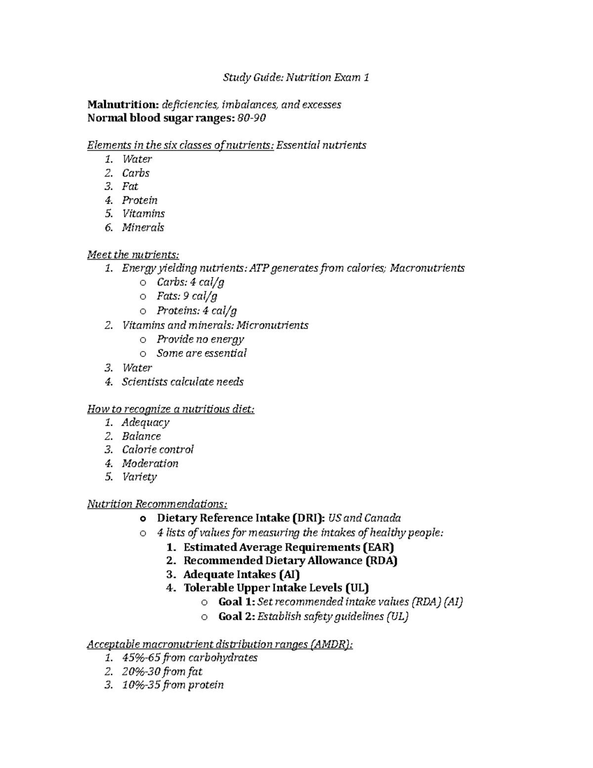 Nutrition & Health Exam 1 Review - Study Guide: Nutrition Exam 1 ...