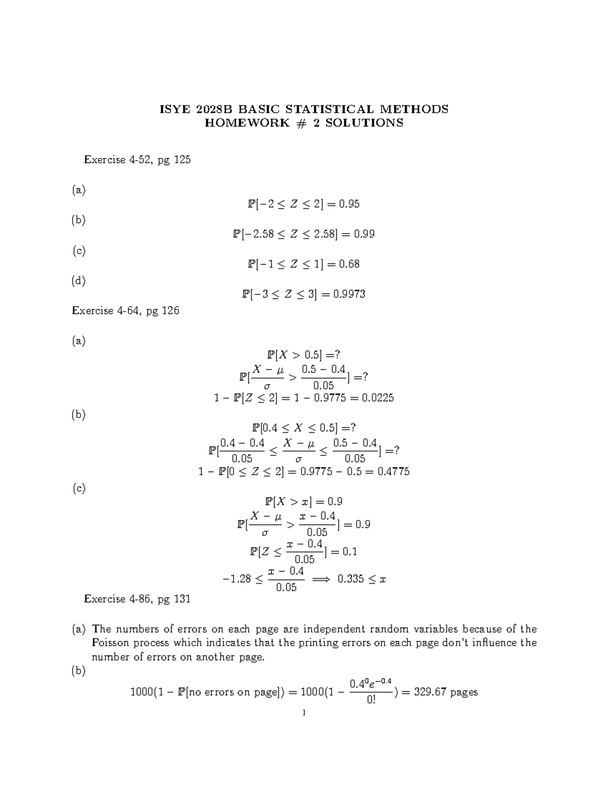 Homework 2 Solutions - ISYE 2028B BASIC STATISTICAL METHODS HOMEWORK ...