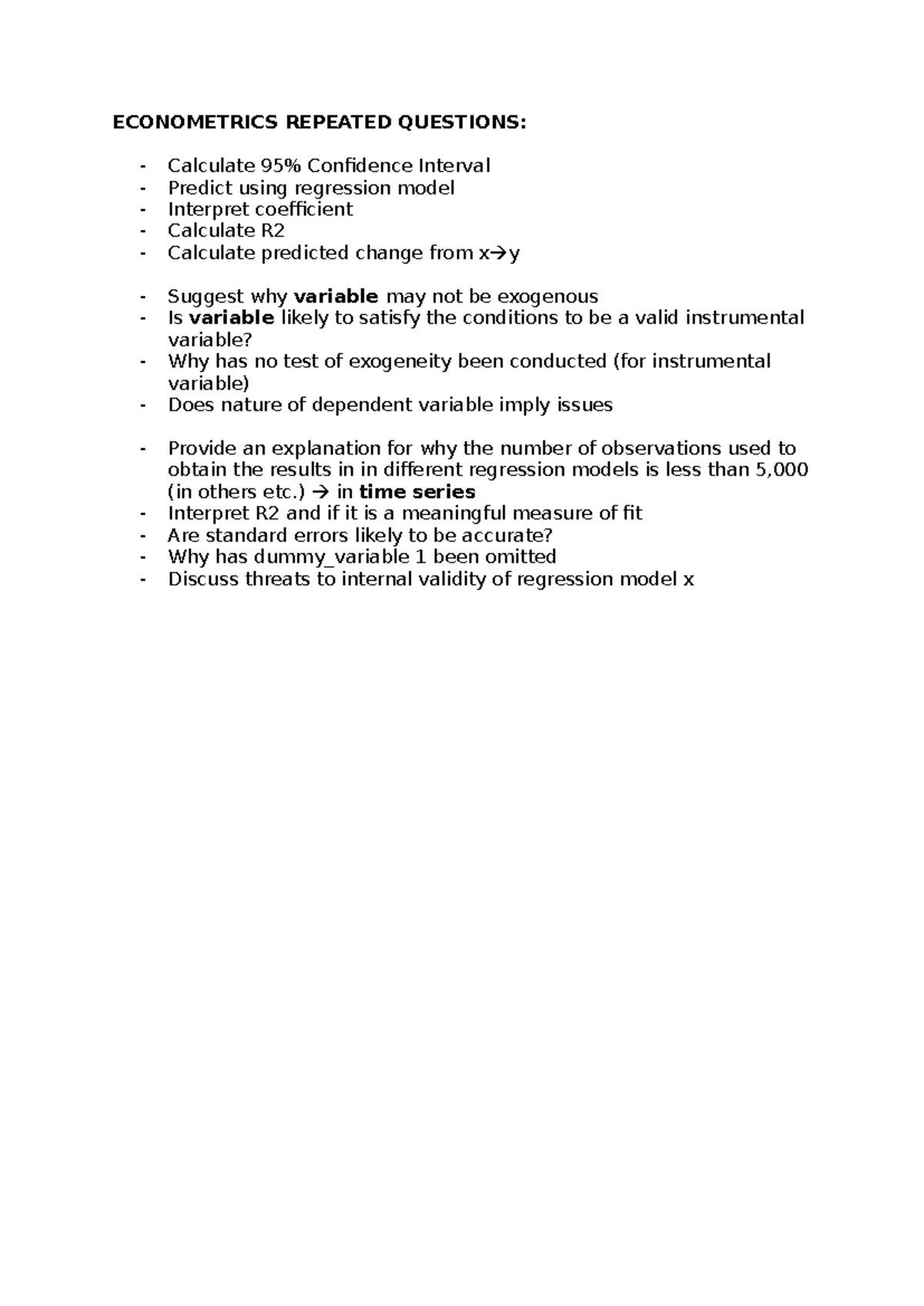 Econometrics Repeated Questions - ECONOMETRICS REPEATED QUESTIONS ...