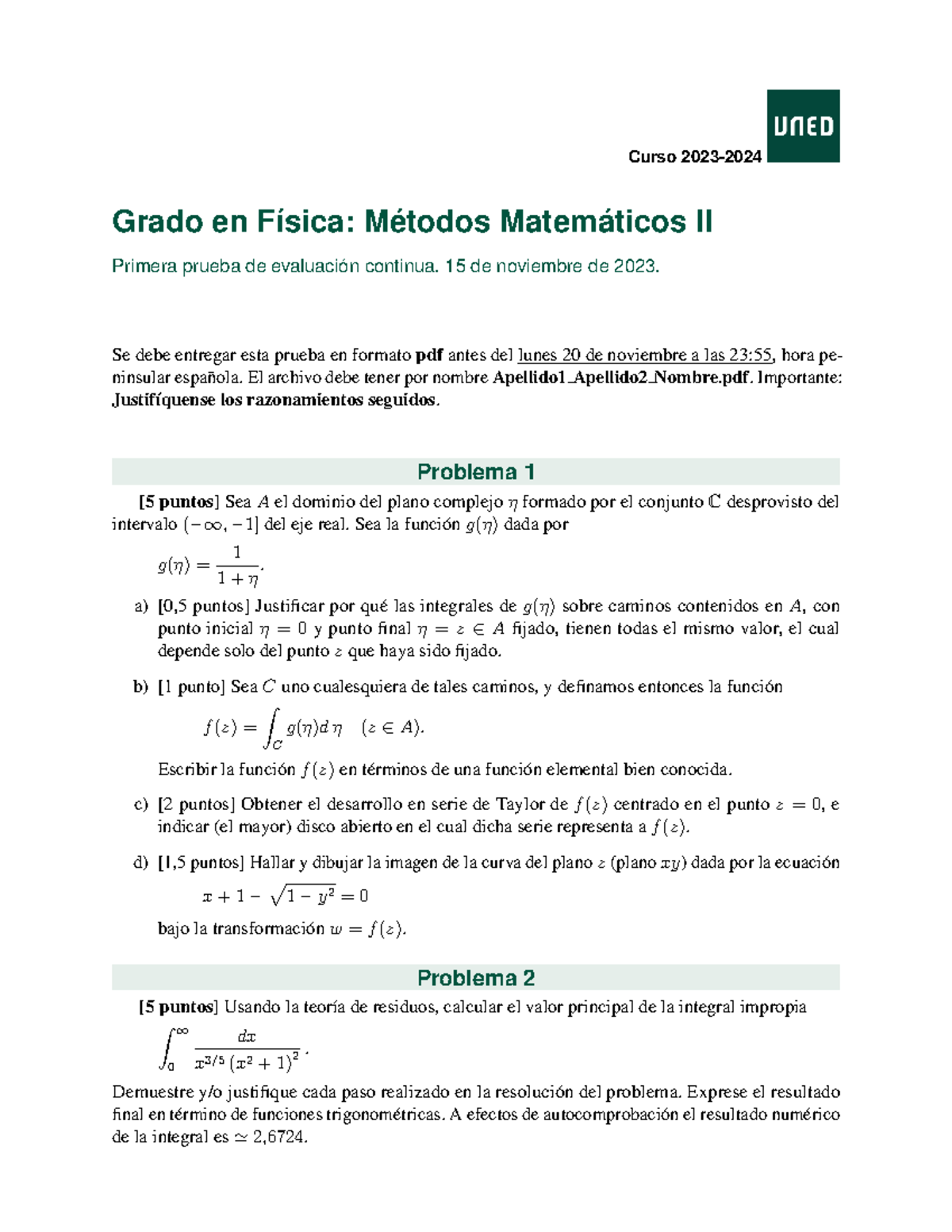 PEC-MM2-Variable Compleja - Curso 2023- Grado en F ́ısica: M ́etodos ...
