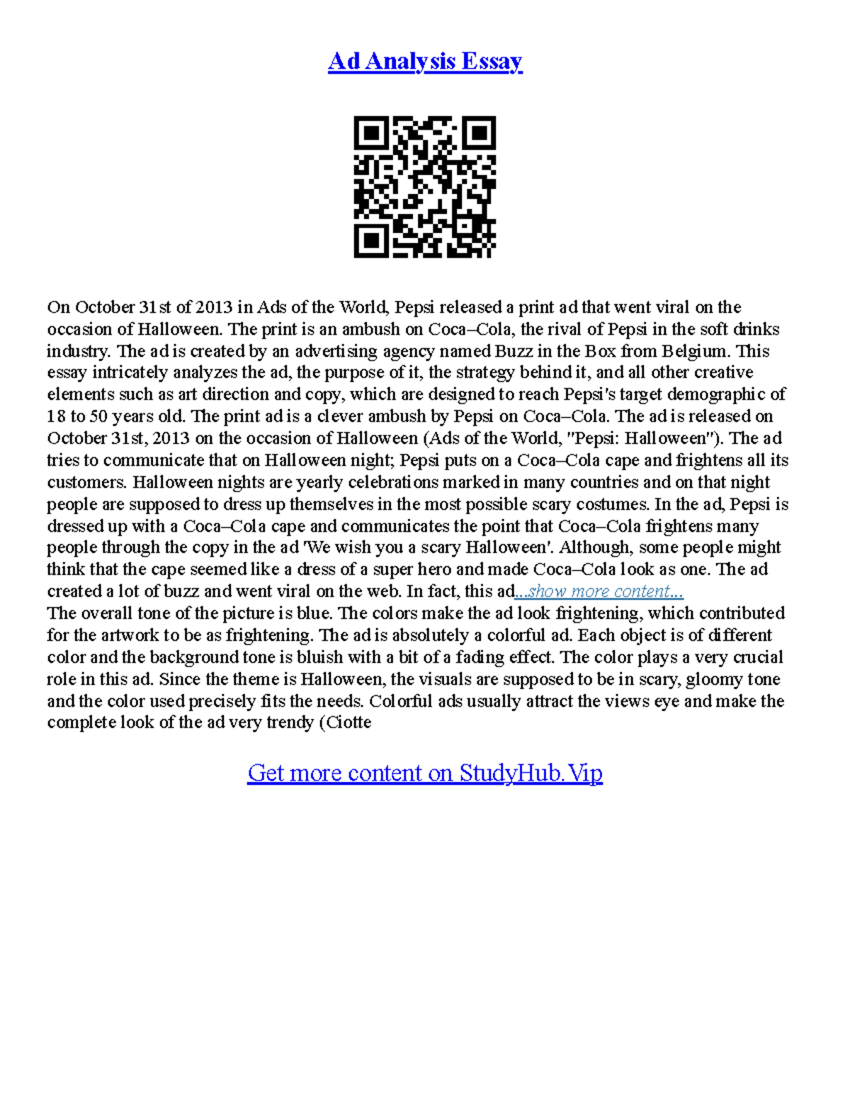 Ad Analysis Essay - The print is an ambush on Coca–Cola, the rival of ...