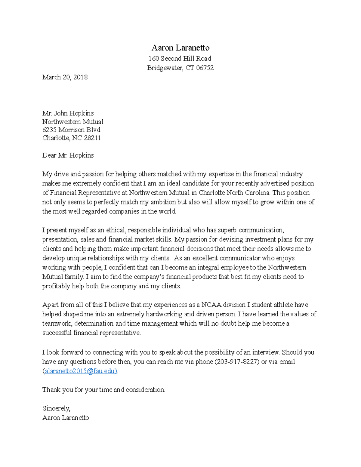 Cover Letter Assignment - Aaron Laranetto 160 Second Hill Road ...