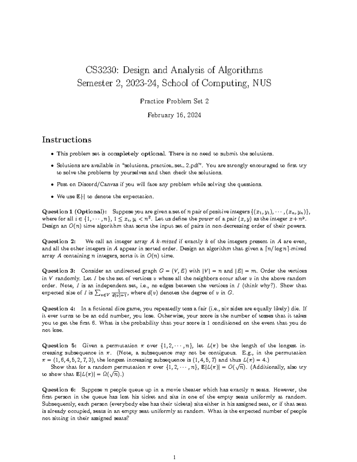 Worksheet set 2 - CS3230: Design and Analysis of Algorithms Semester 2, 2023-24, School of - Studocu