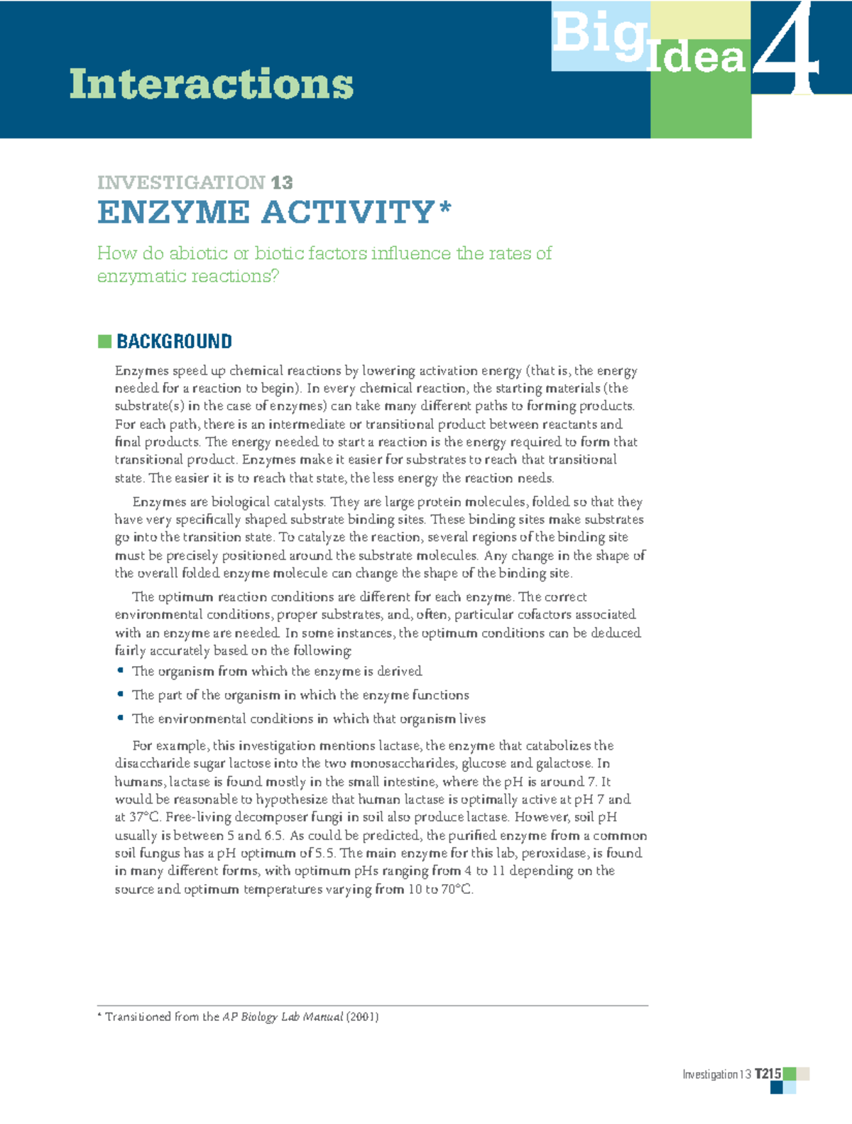 Bio Lab13-Enzyme Activity - Investigation 13 T Big Idea Interactions 4 ...