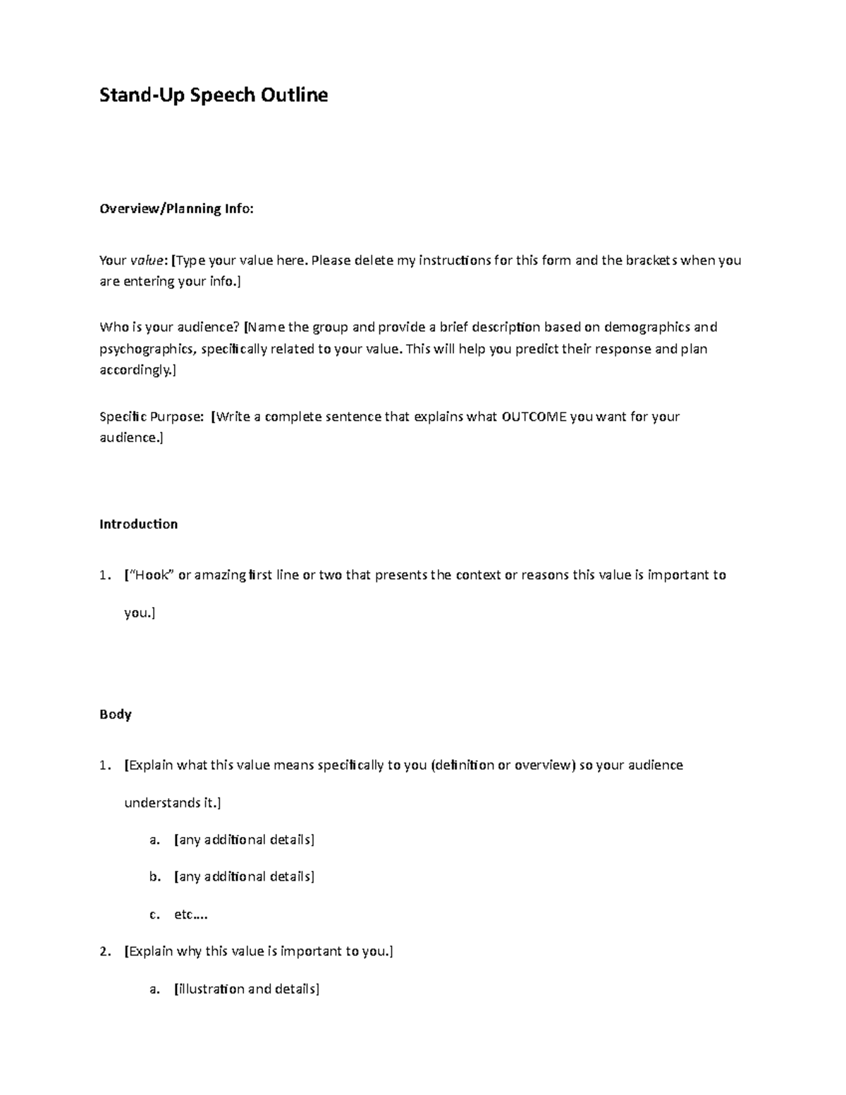 Stand-Up Outline Format - Stand-Up Speech Outline Overview/Planning ...