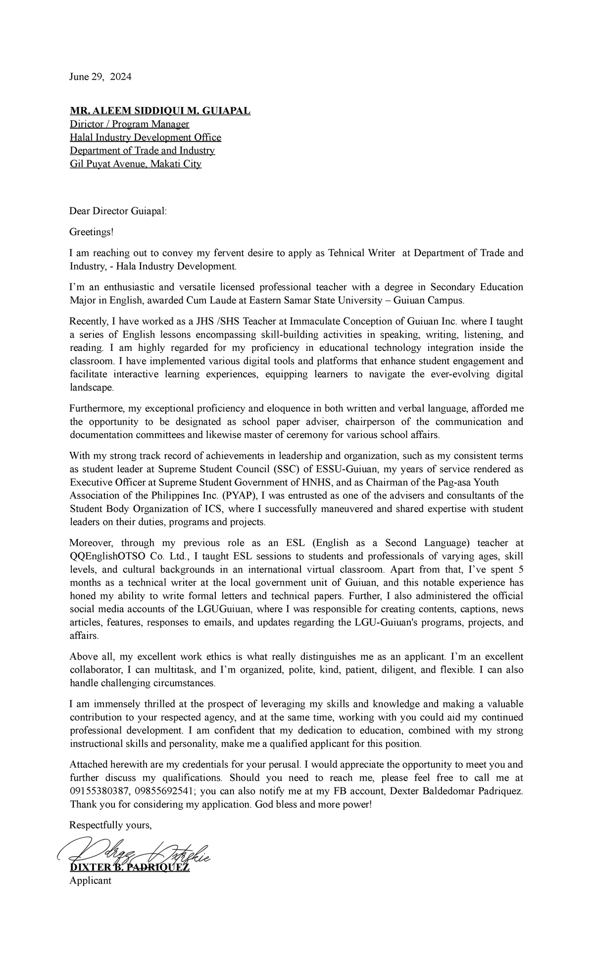 Padriquez - Application Letter DTI - Halal Industry DEV - June 29, 2024 ...