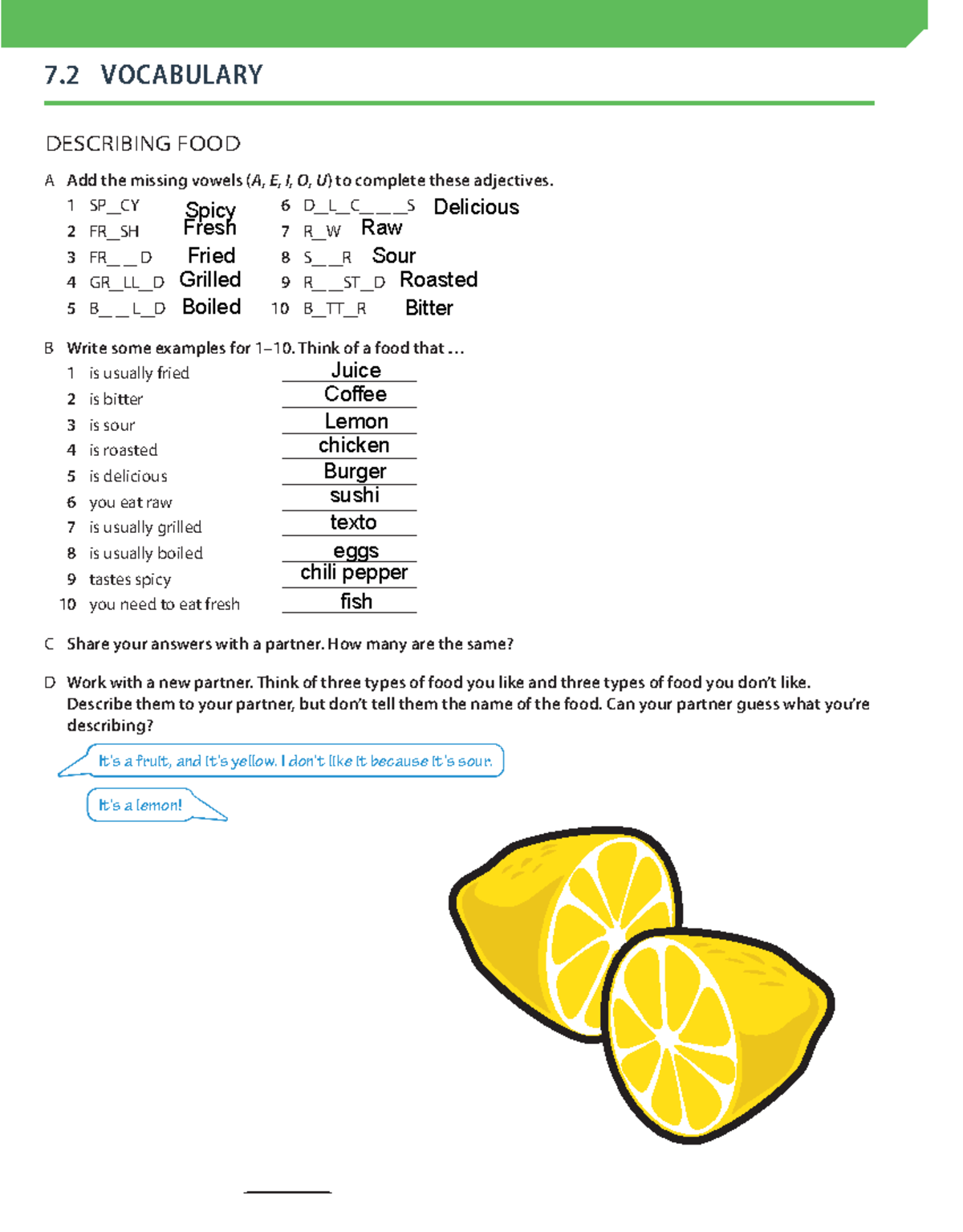 2 Lesson Plan 07 Handout 2 - DESCRIBING FOOD A Add the missing vowels ...