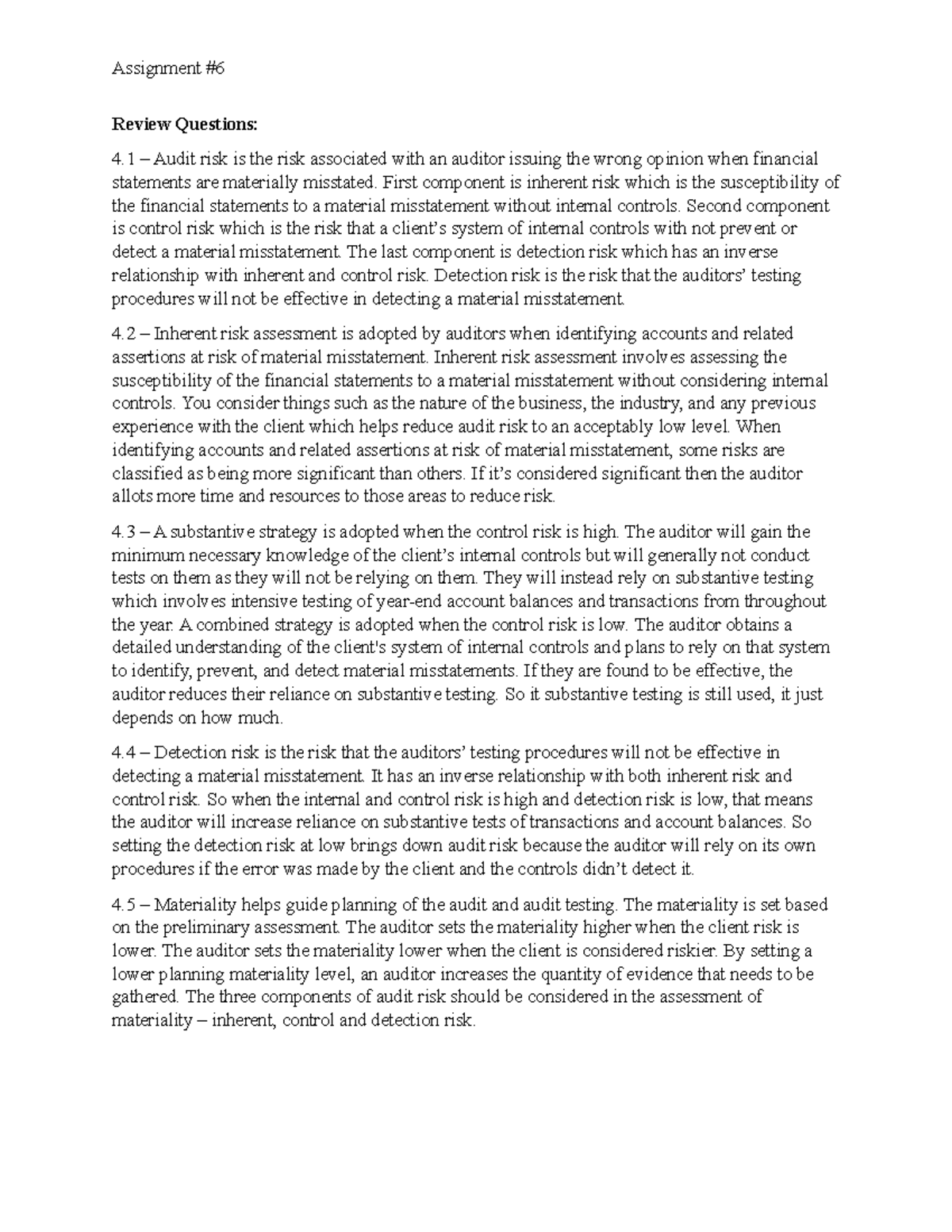 auditing homework Assignment 6 - Assignment # Review Questions: 4 ...