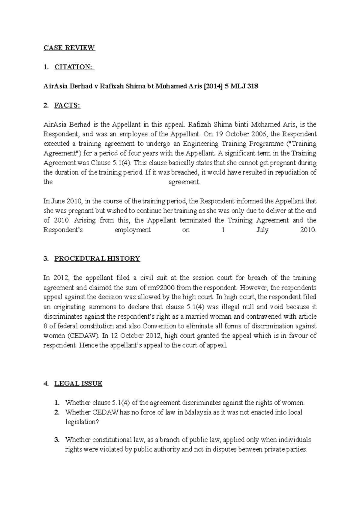 CASE Review - CASE REVIEW 1. CITATION: AirAsia Berhad v Rafizah Shima ...