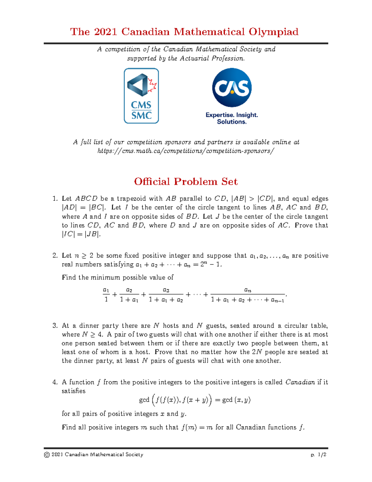 CMO 2021 questions en 4 - The 2021 Canadian Mathematical Olympiad A competition of the Canadian ...