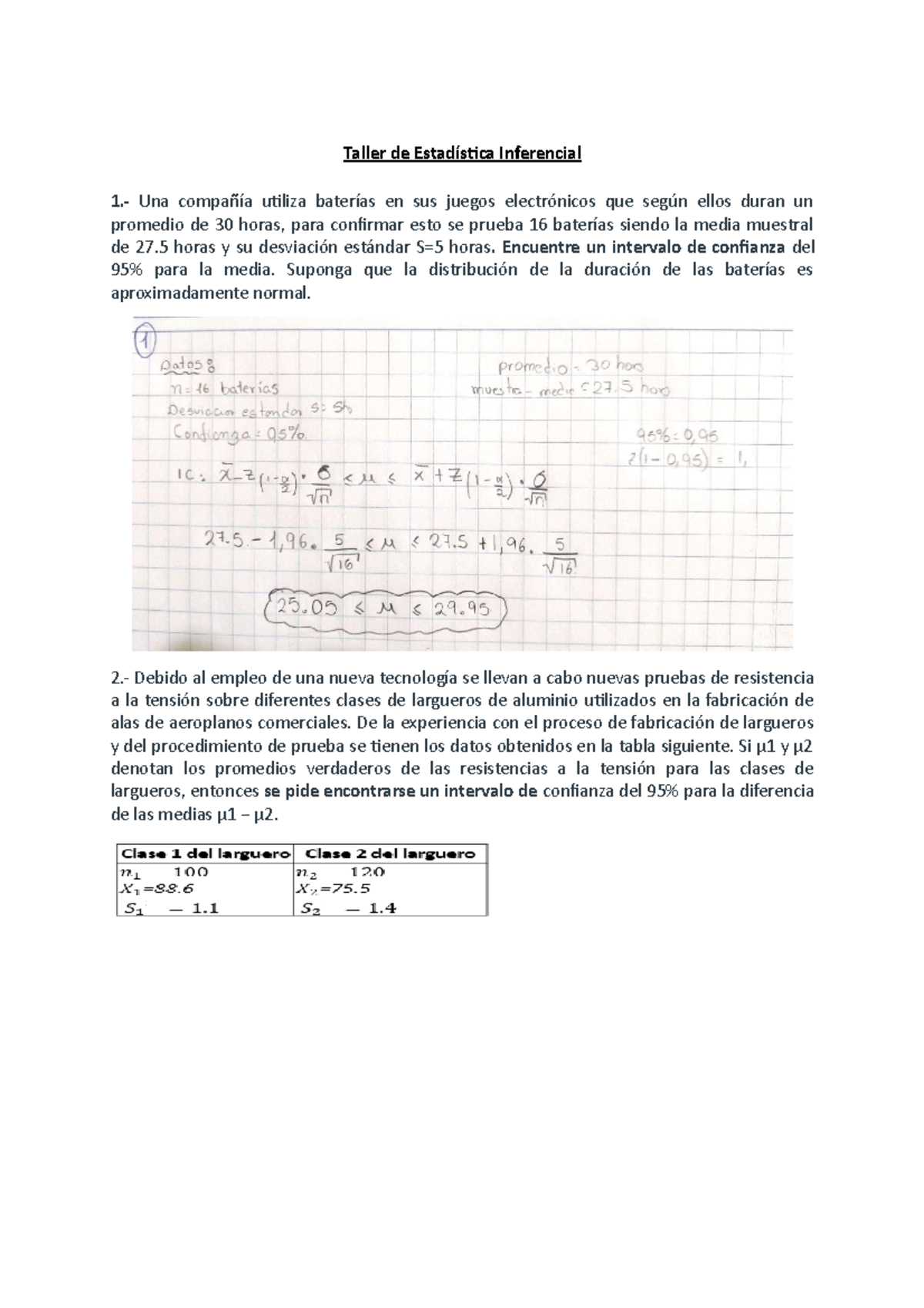 Taller Nª1 Ejercicios de Distribucion Muestral e IC - Taller de Estadística Inferencial 1.- Una ...