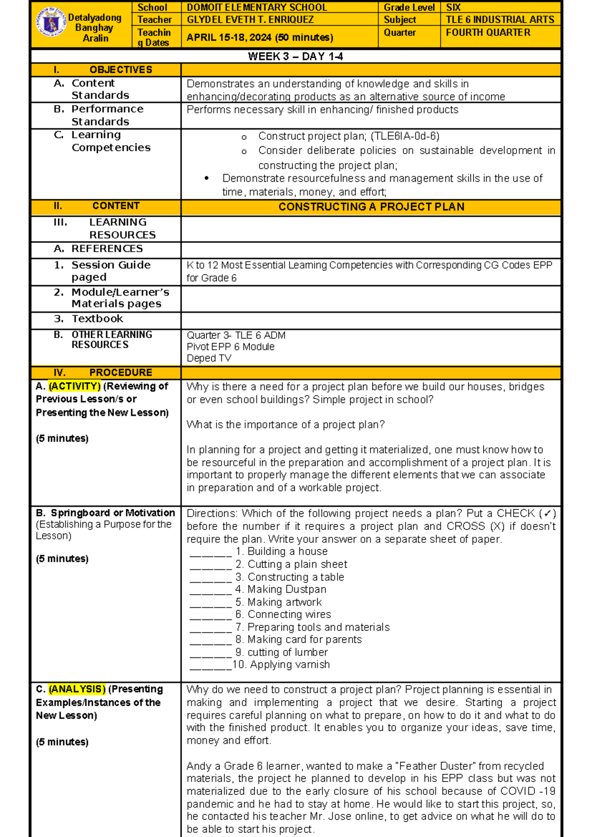 4TH Q WEEK 3 TLE 6 IA DAY 1 4 - Detalyadong Banghay Aralin School ...