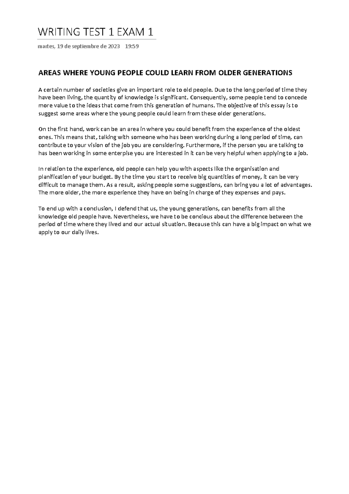 Writing PART 1 TEST 1 - WRITING TEST 1 EXAM 1 martes, 19 de septiembre ...