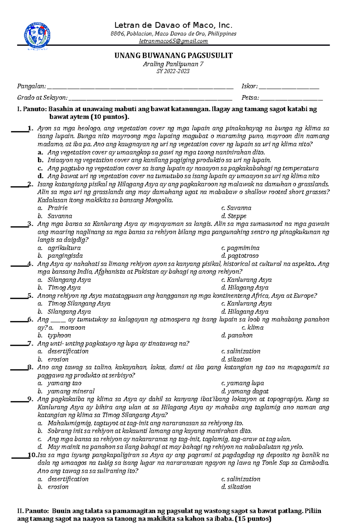 First Monthly Exam Ap-7 -2022-2023 Letran - Letran de Davao of Maco ...
