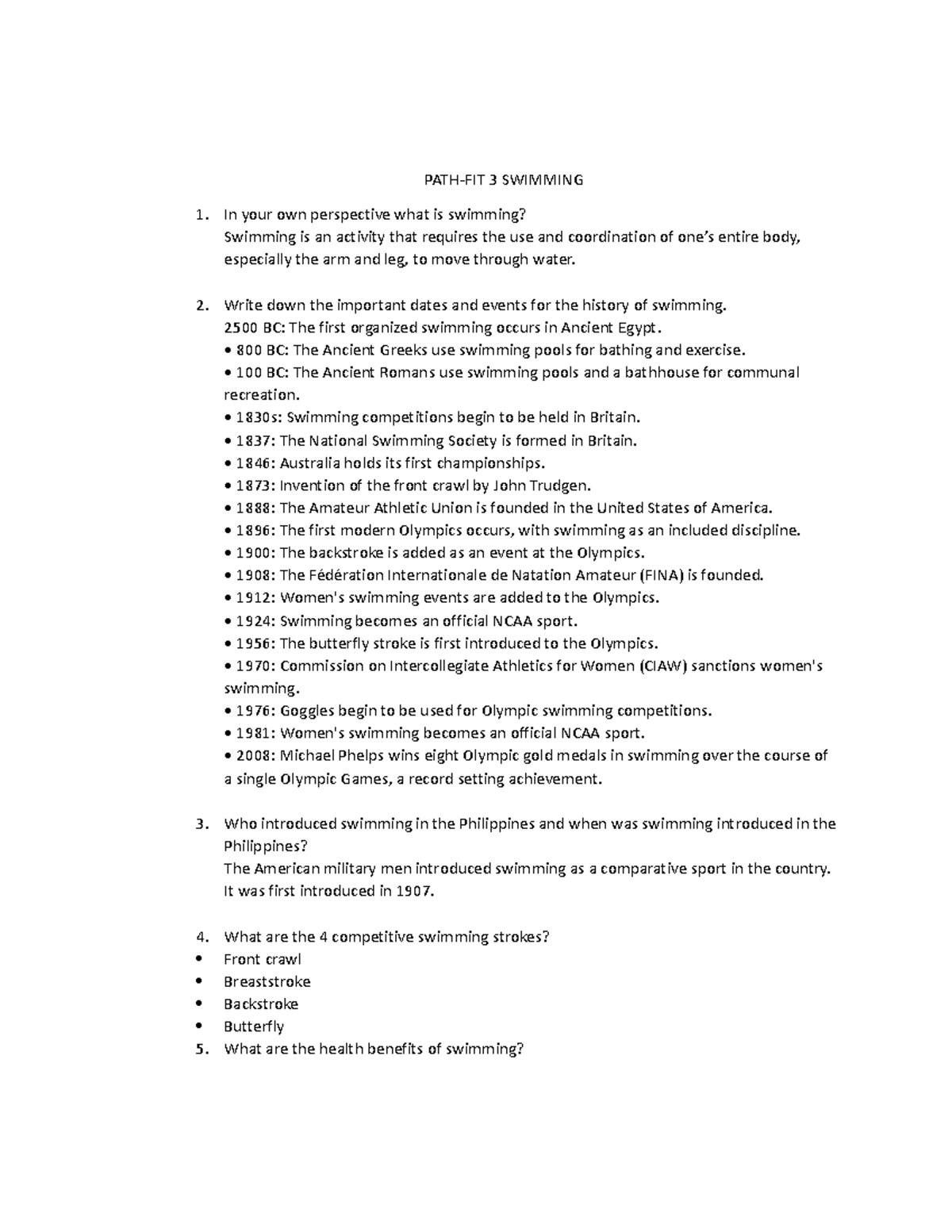 PE - swimming - PATH-FIT 3 SWIMMING In your own perspective what is ...