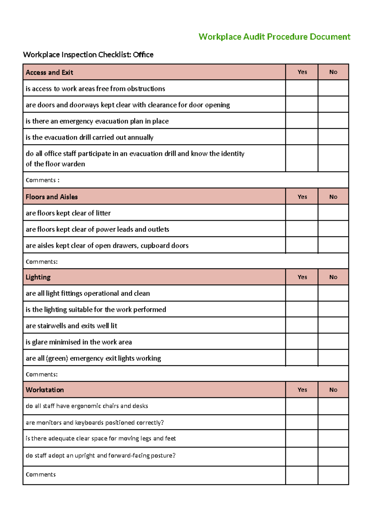 WHS Workplace Audit Document - Workplace Audit Procedure Document ...