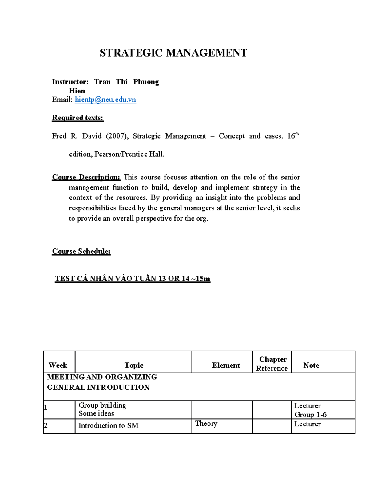 Syll SM 12 - kinh te chinh tri - STRATEGIC MANAGEMENT Instructor: Tran ...