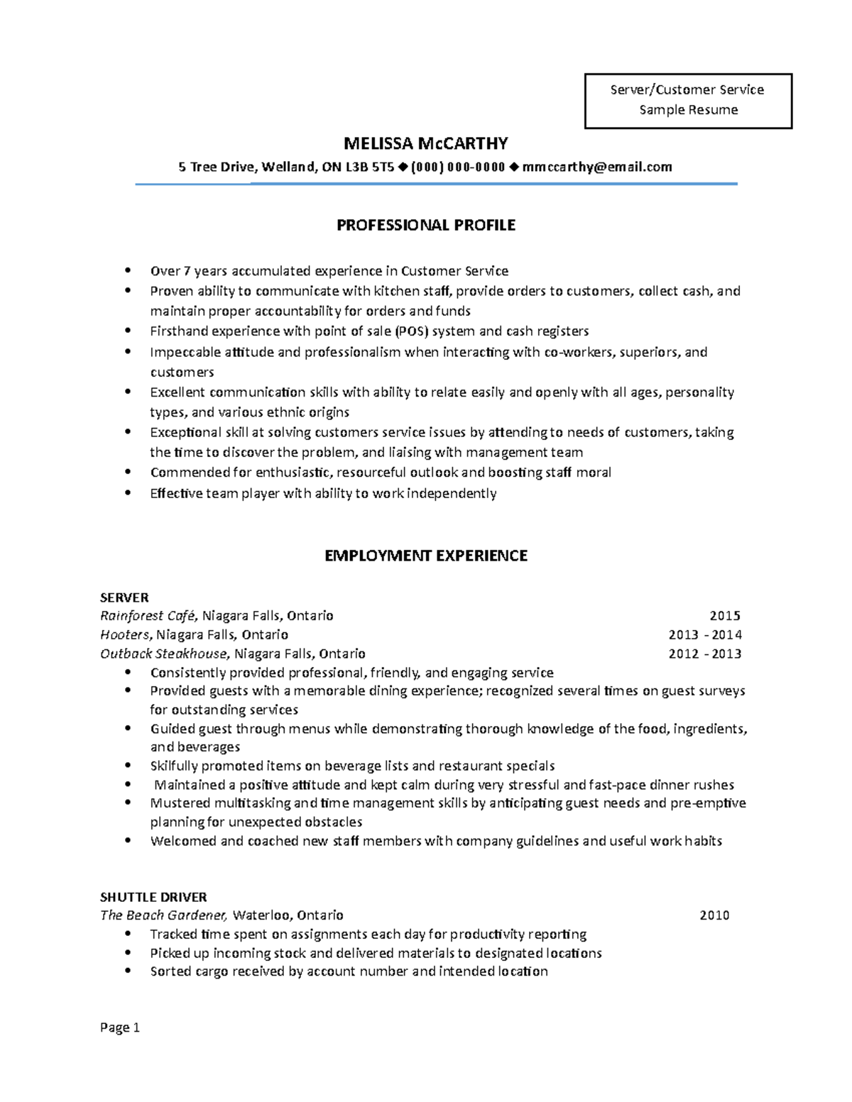 Server Customer Service Sample Resume - MELISSA McCARTHY 5 Tree Drive ...