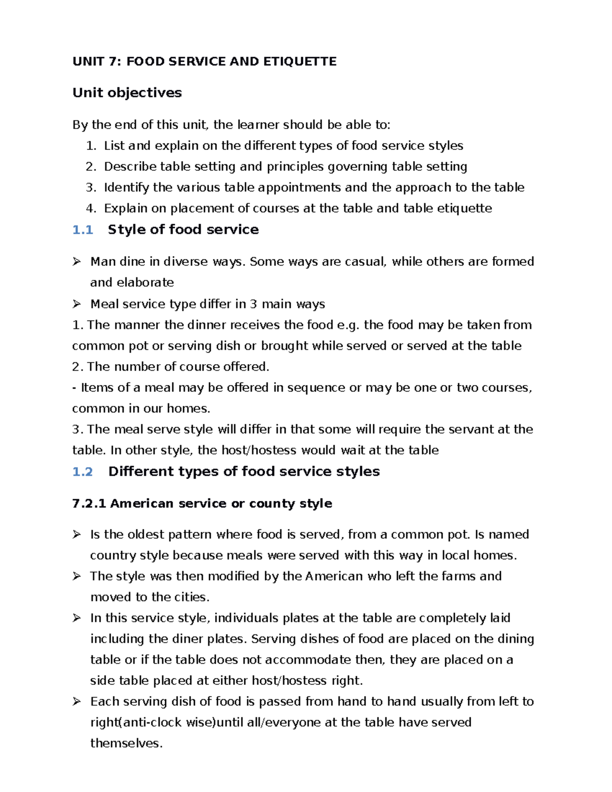 Food service methods - Useful in meal planning - UNIT 7: FOOD SERVICE ...