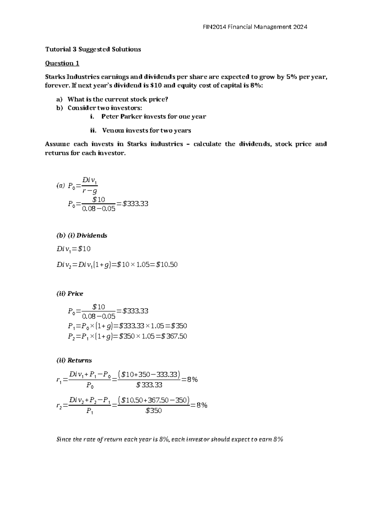 FIN2014 Tutorial 3 Solutions - Tutorial 3 Suggested Solutions Question ...