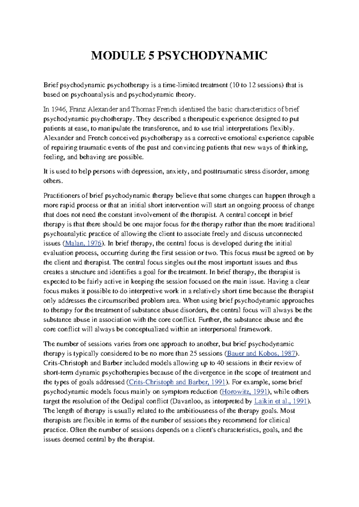 Psychodynamic mod 5 - notes - MODULE 5 PSYCHODYNAMIC Brief ...