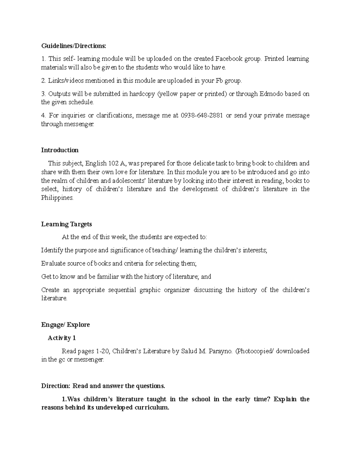 Children and Adolescent Literature - Guidelines/Directions: This self ...