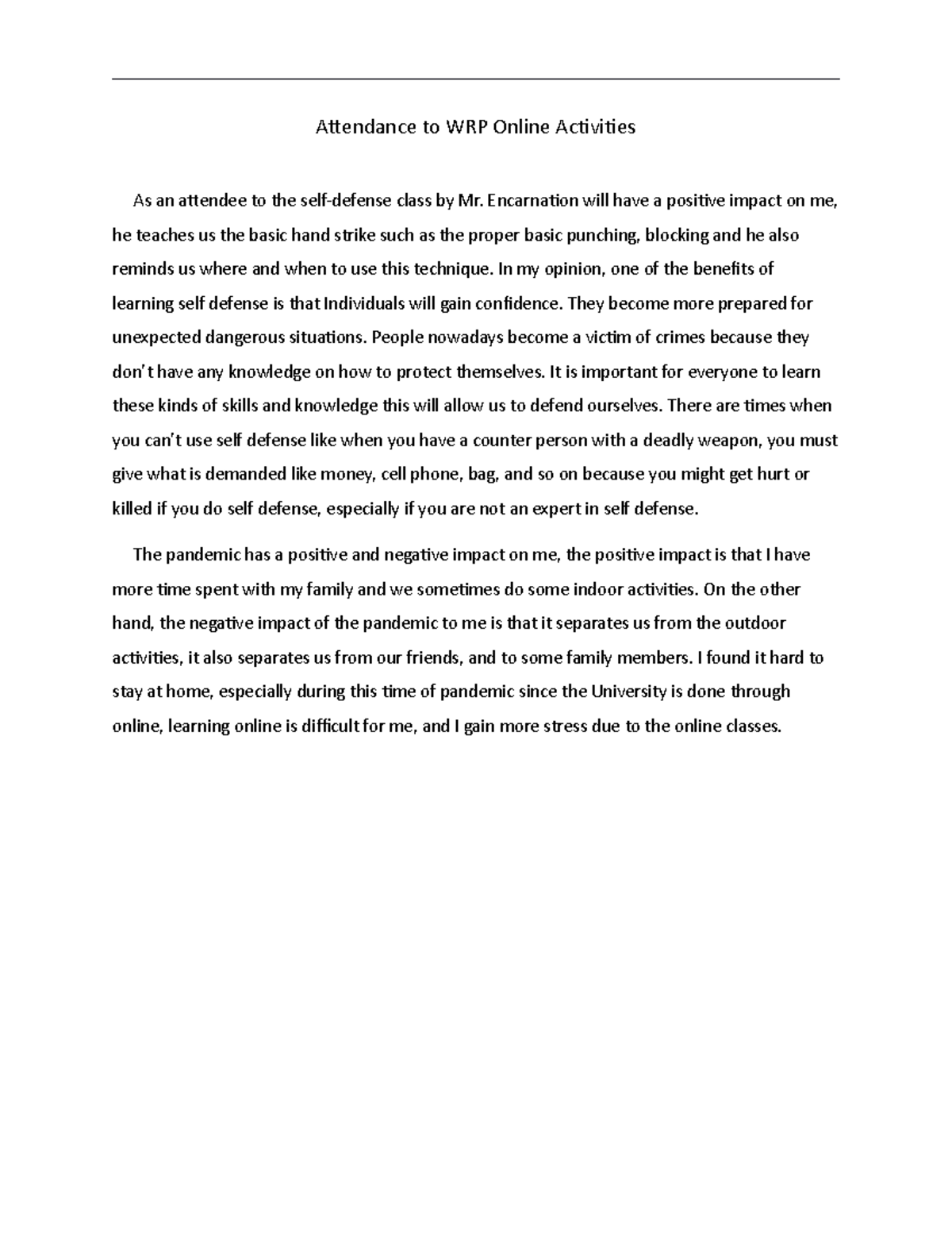 WELLNESS AND RECREATION PROGRAM - Attendance to WRP Online Activities ...