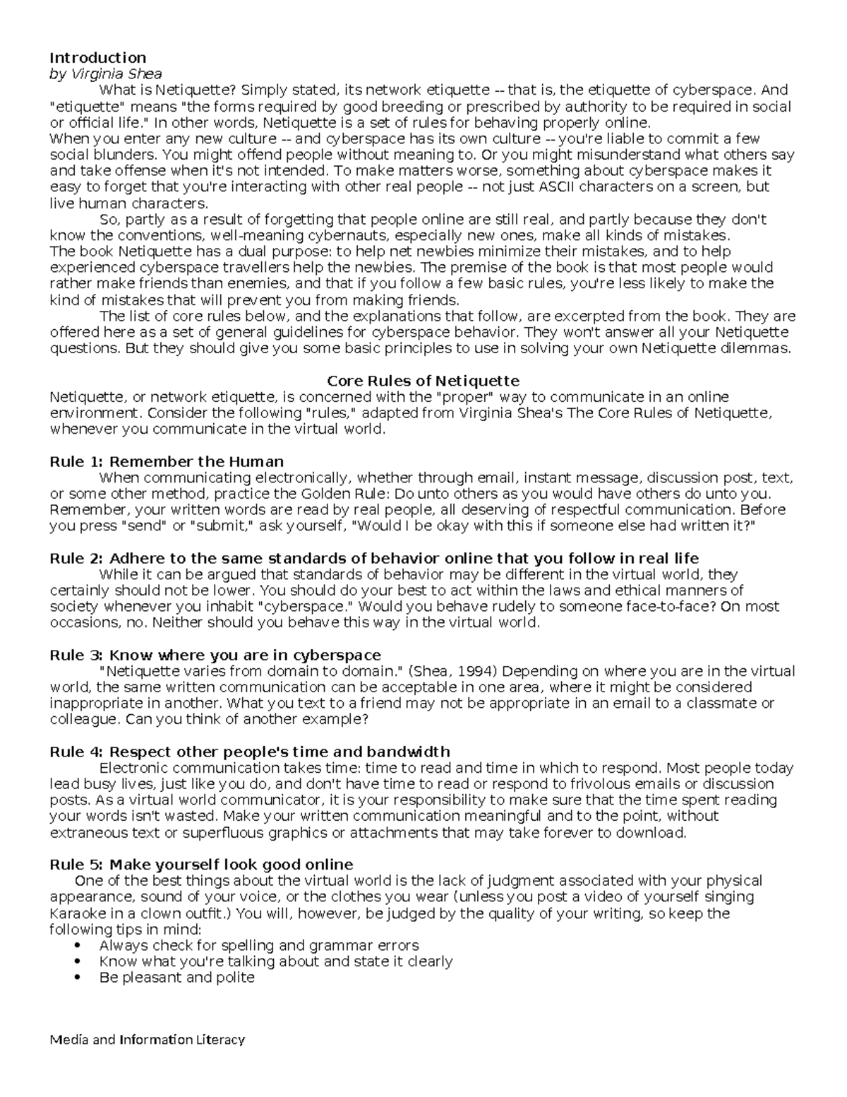 The Core Rules of Netiquette - Introduction by Virginia Shea What is ...