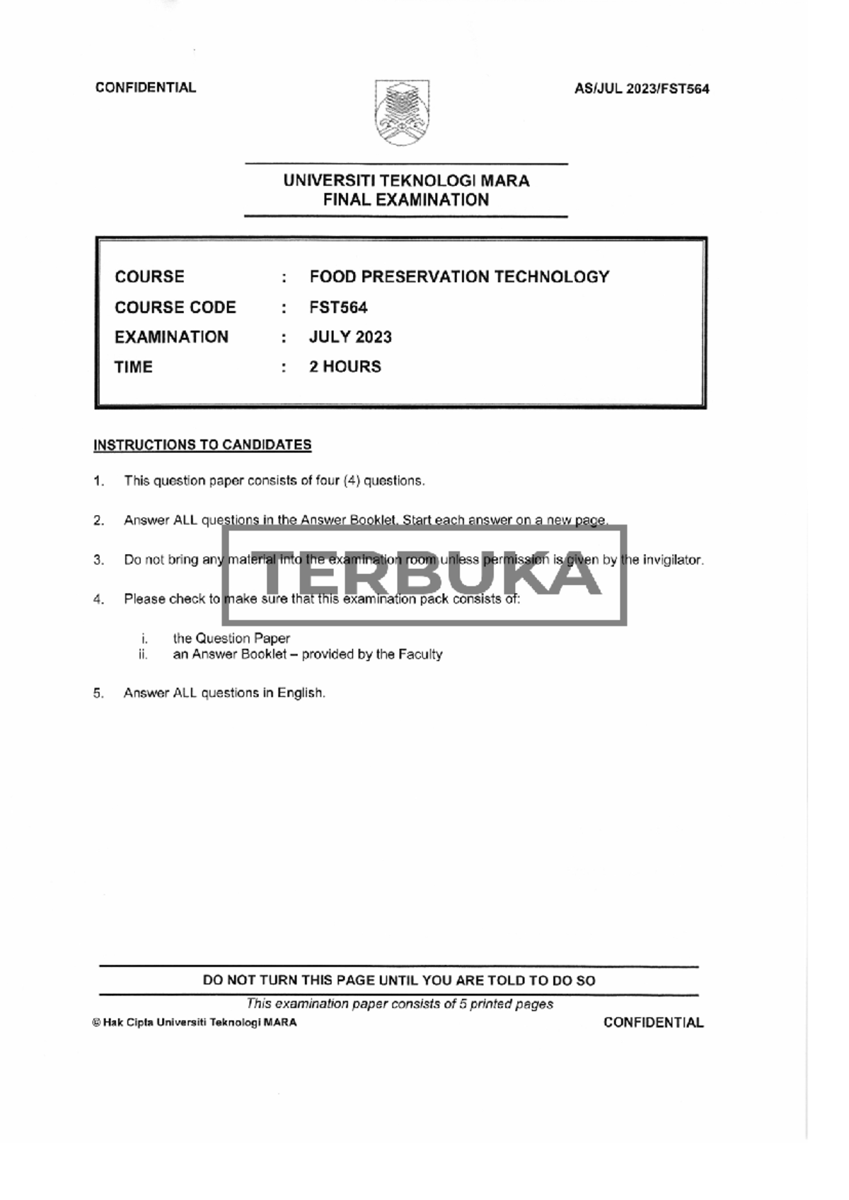 FST564 - pastyeaq question - CONFIDENTIAL UNIVERSITI TEKNOLOGI MARA ...