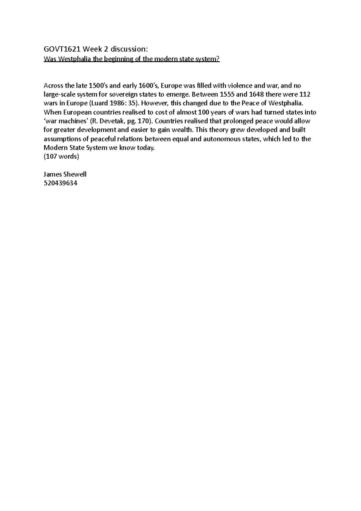 Week 2 discussion - lecture notes - GOVT1621 Week 2 discussion: Was ...