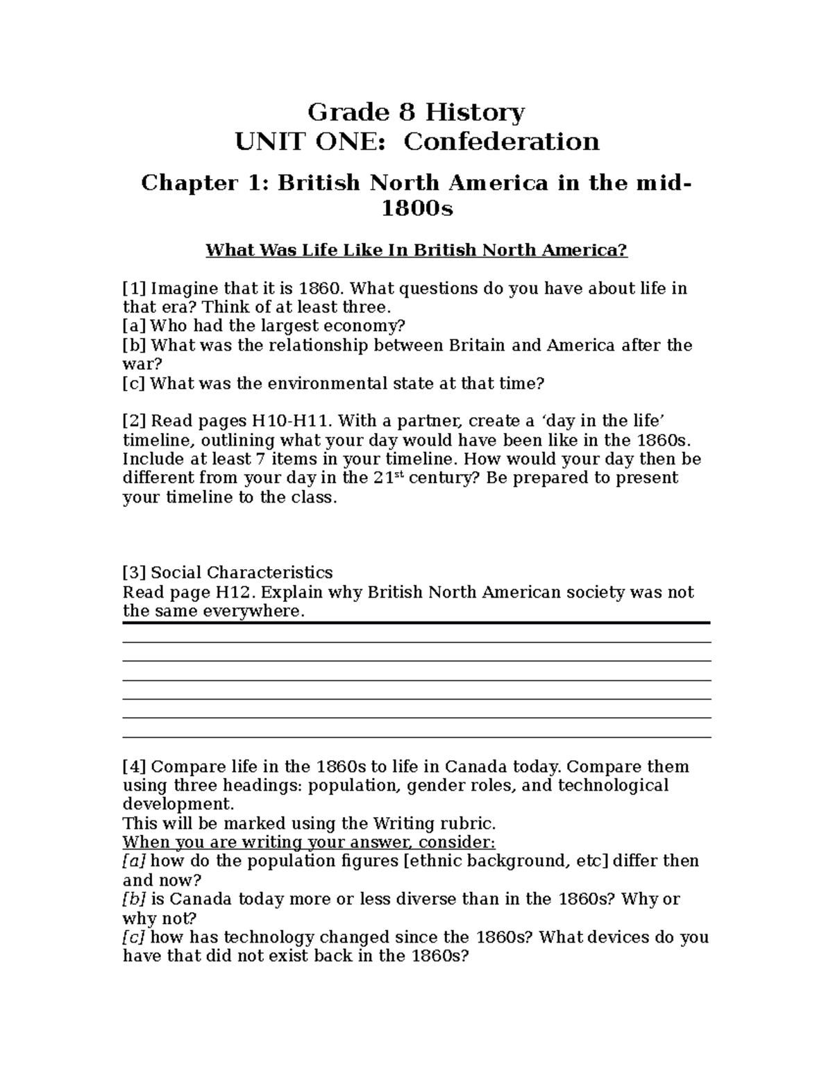 A - Life in British North America - Grade 8 History UNIT ONE ...