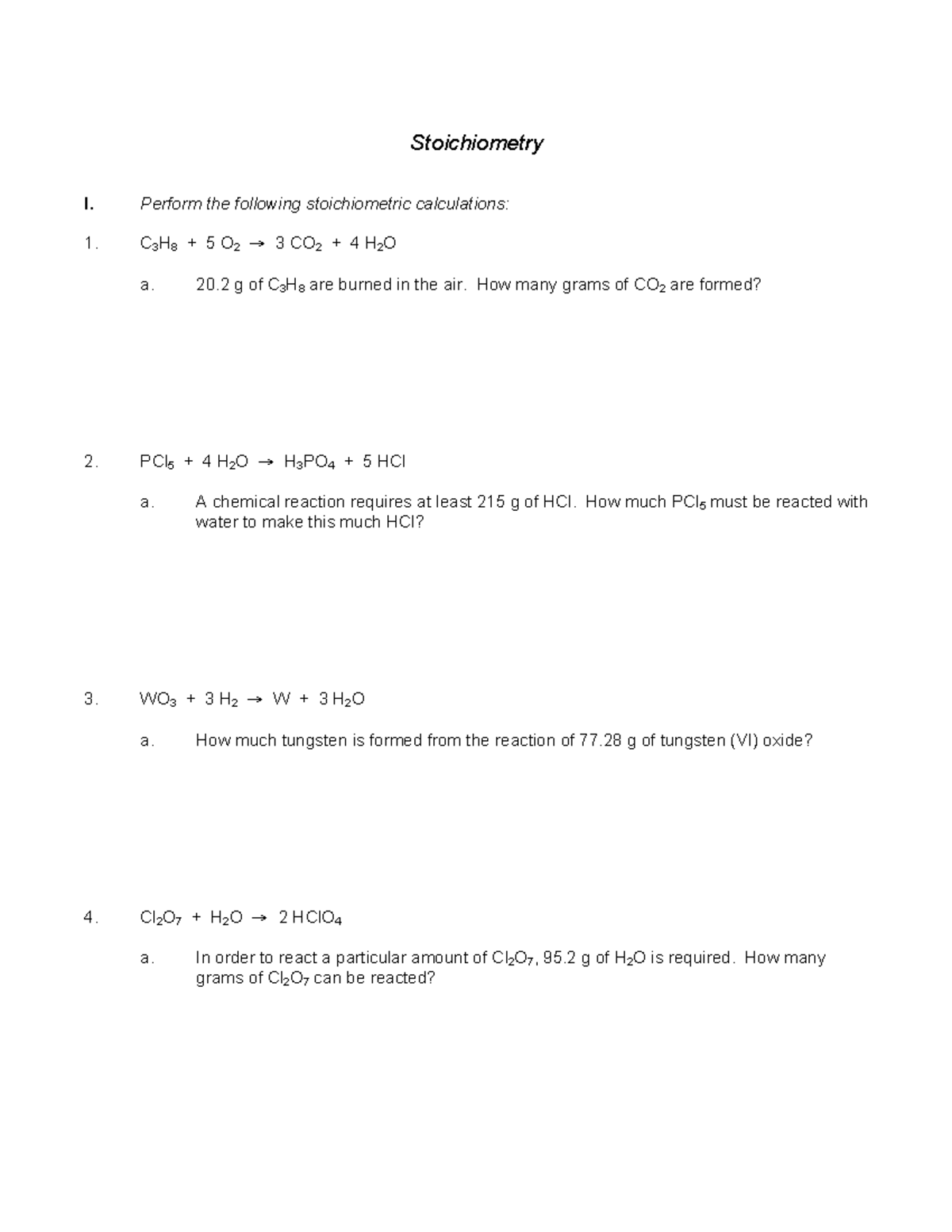1806 Stoichiometry - practice problems - Stoichiometry I. Perform the ...