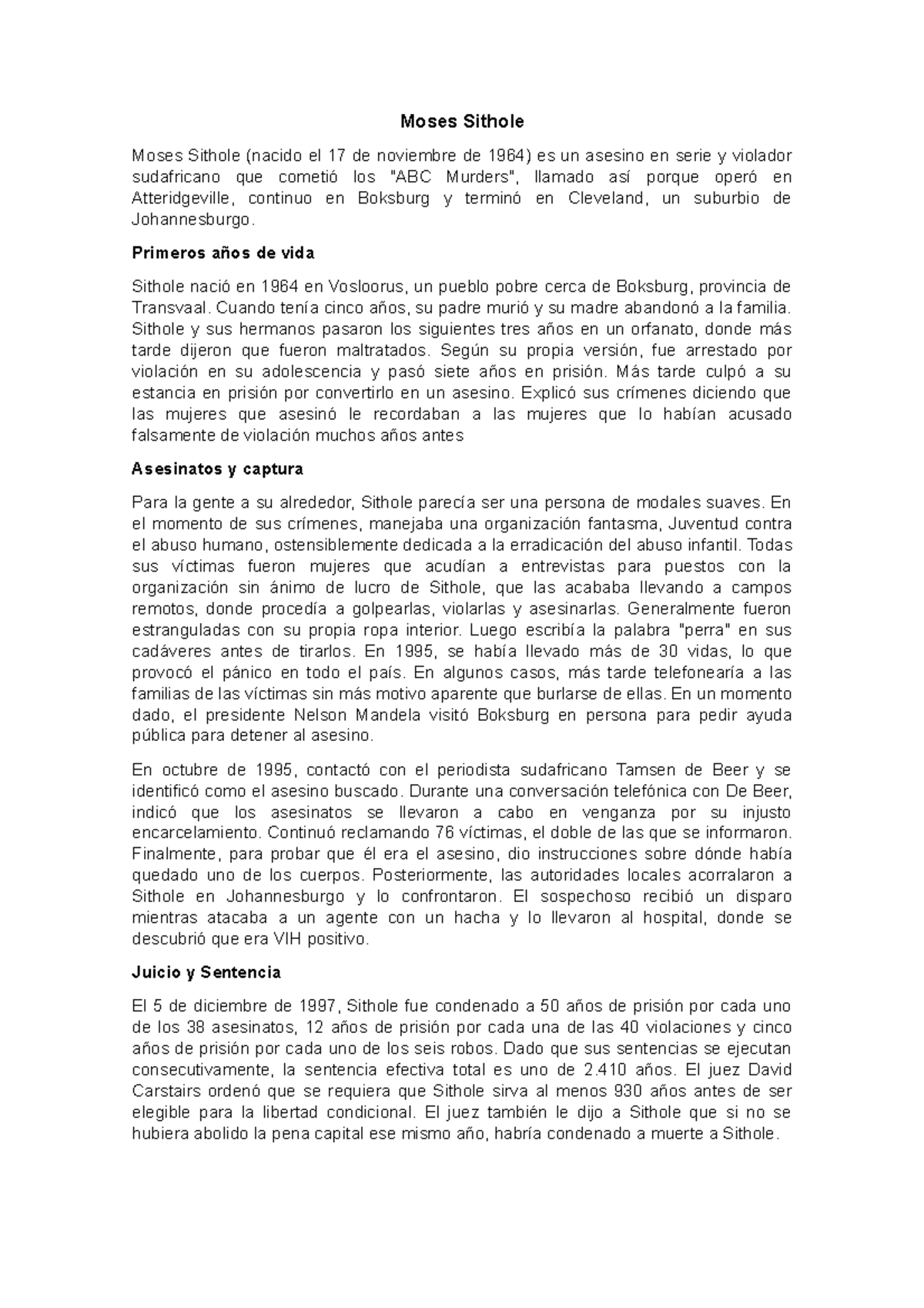 Moses Sithole - Asesino en serie - Moses Sithole Moses Sithole (nacido ...